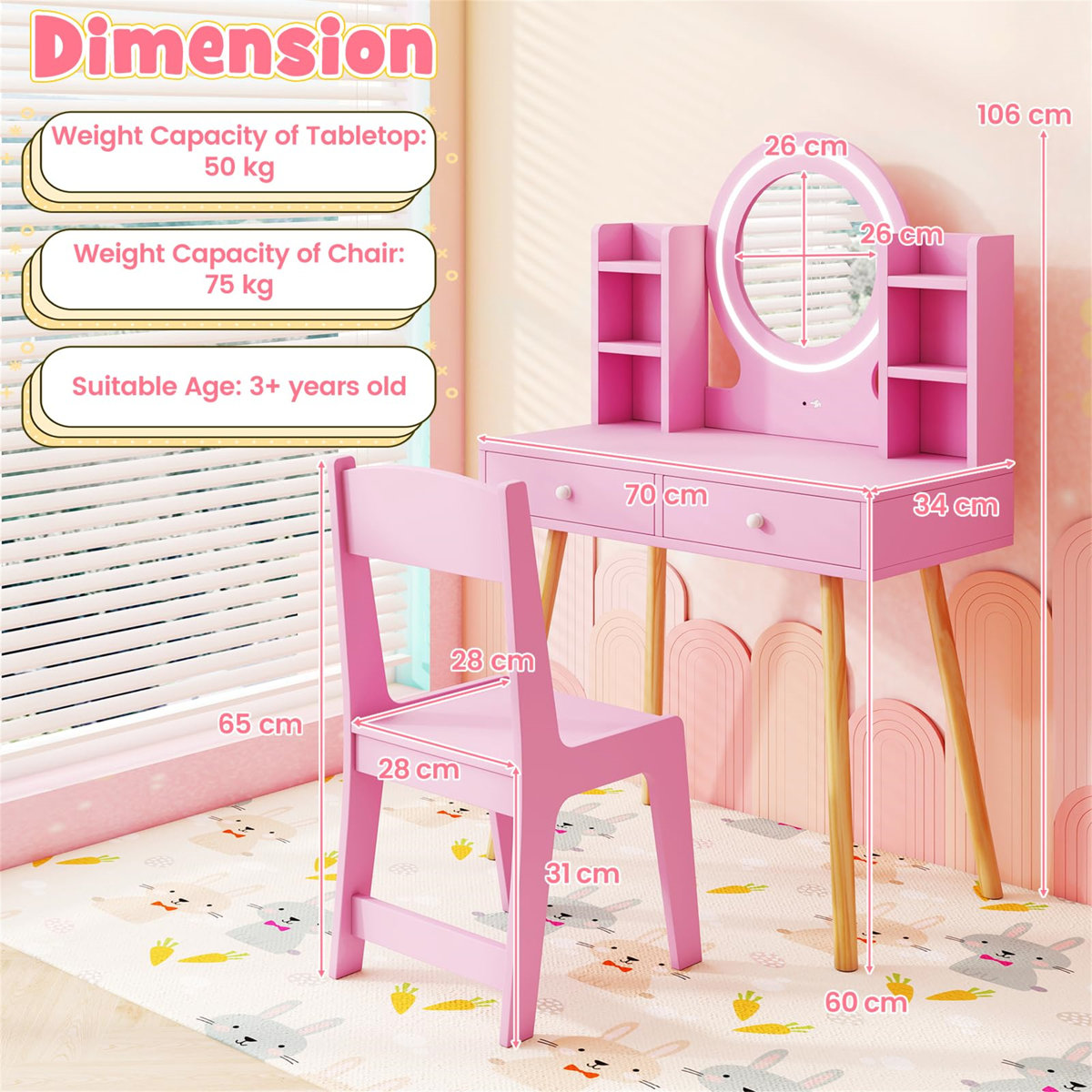 Latitude Run Dressing Table, Girls Vanity Set With Stool, 2-Color LED ...