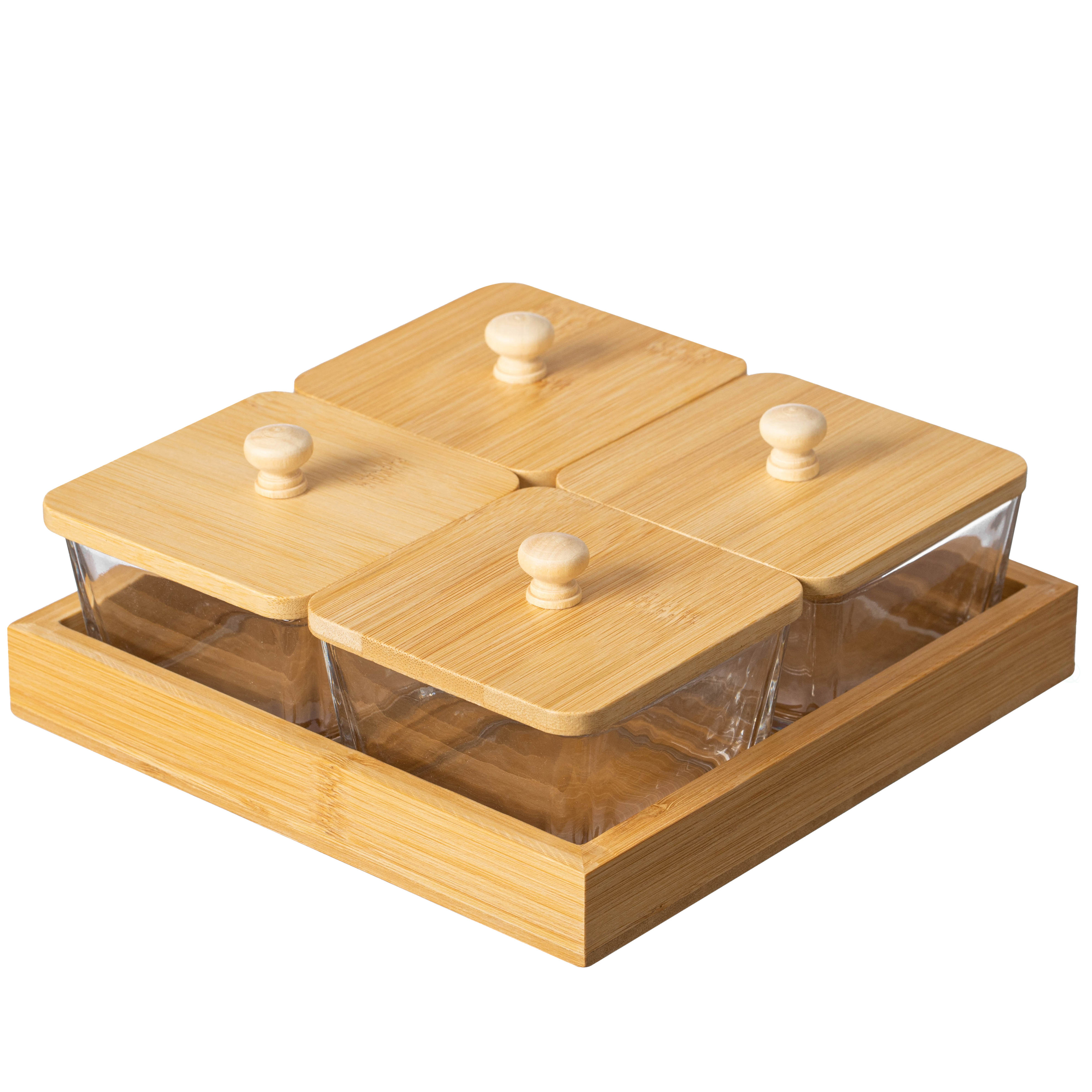 Gracie Oaks Set Of 4 Square Glass Jars With Bamboo Lids And Wooden Tray ...