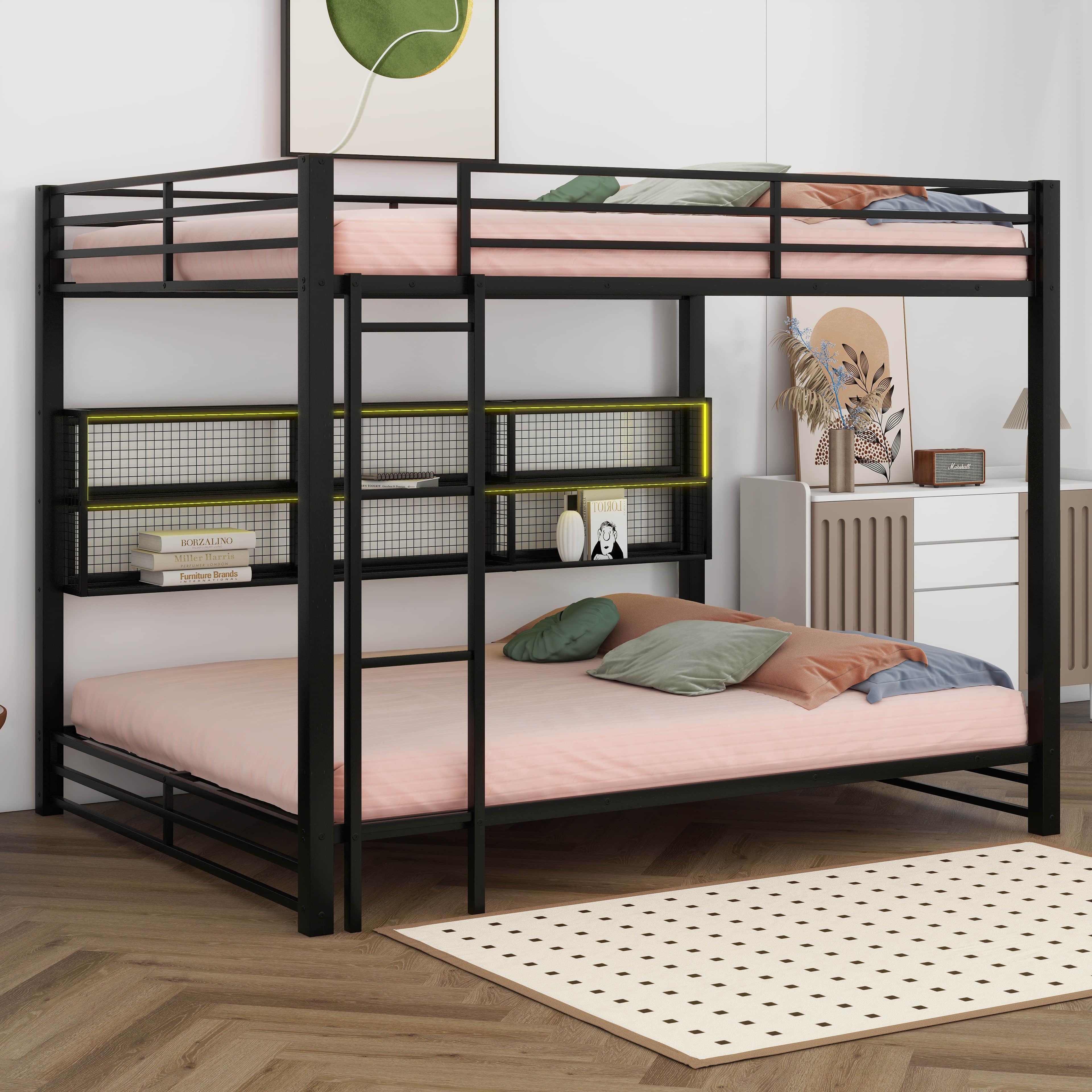17 Stories Queen Over Queen Bunk Bed With Storage Cabinets And LED ...