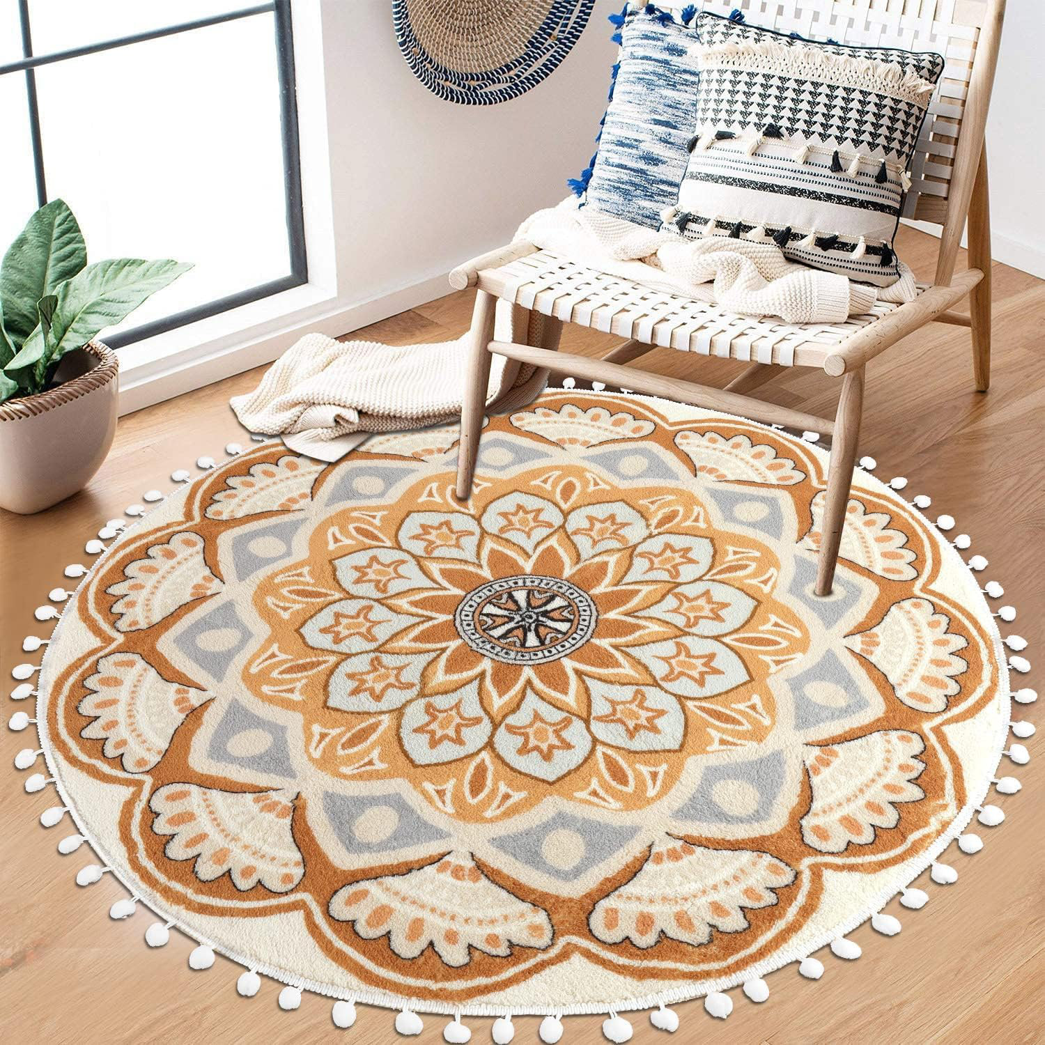 Bungalow Rose Round Rug Yellow Circle Boho Rug With Pom Pom Fringe Non ...