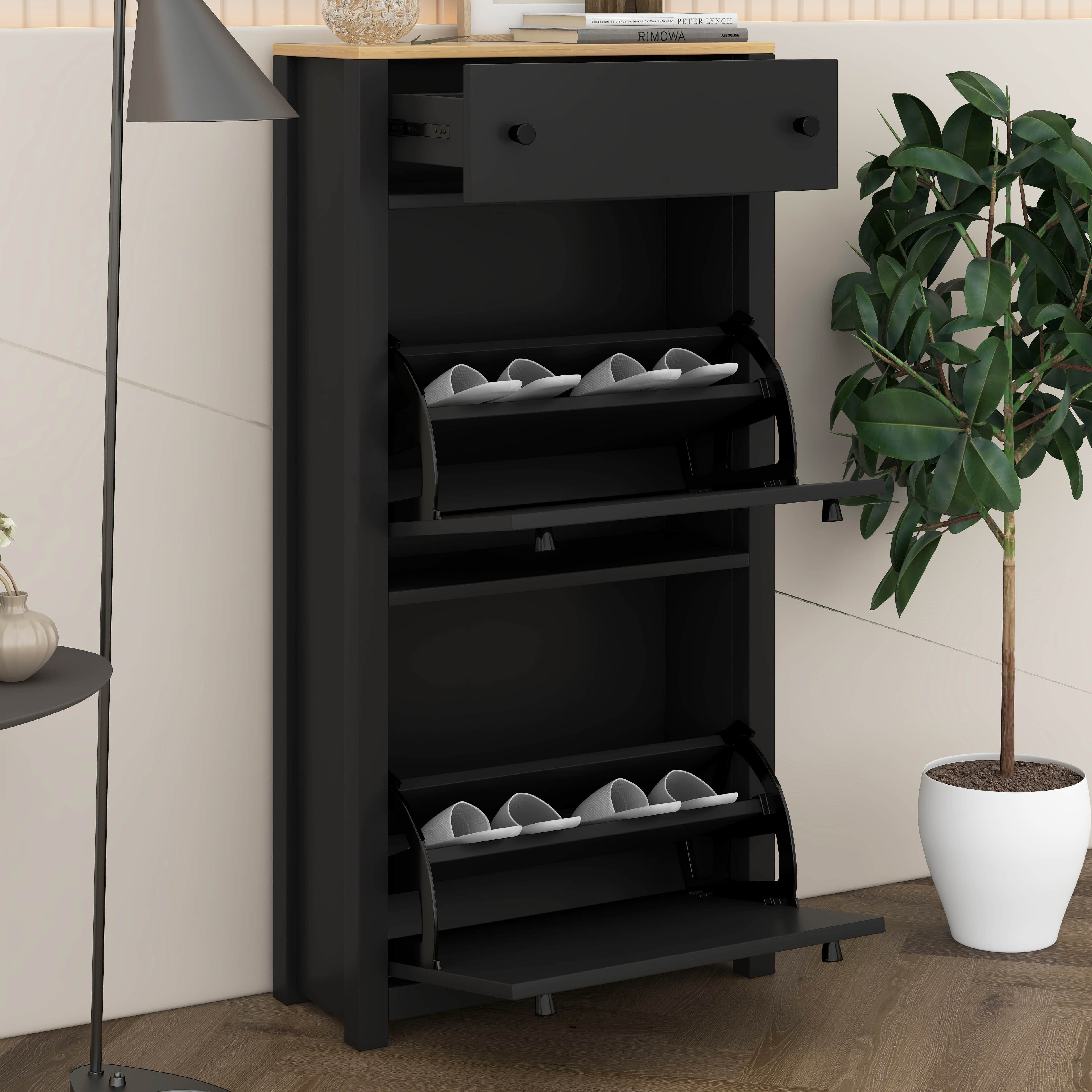 Hokku Designs Narrow Shoe Cabinet With 2 Flip Drawers, Wood Grain ...