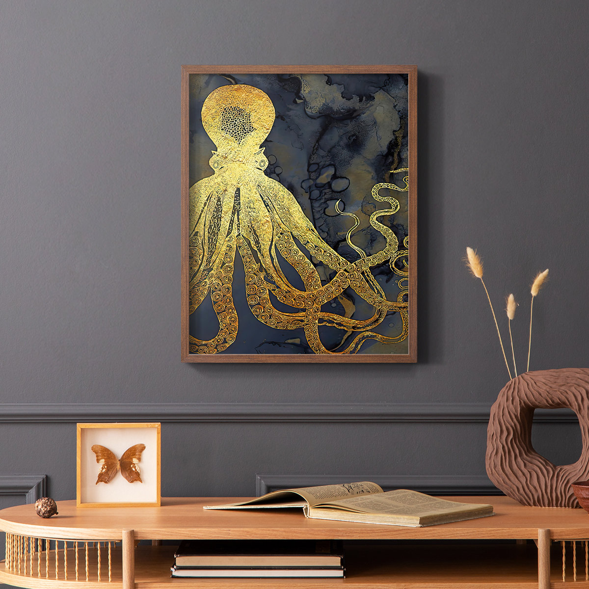 Highland Dunes Octopus Ink Gold & Blue I Framed Print - Solid Wood ...