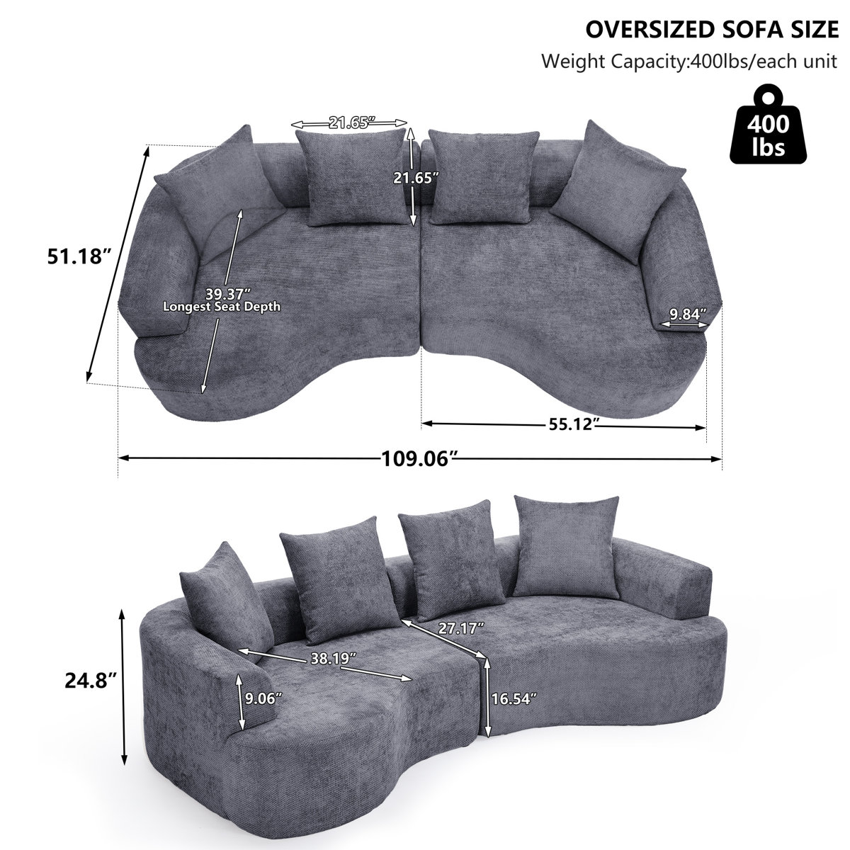 Latitude Run® 109” Curved Sectional Sofa, Chenille Fabric Modular Cloud ...