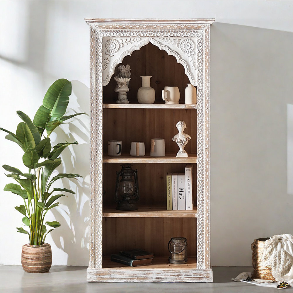 One Allium Way Vintage carved coat distressed solid wood bookcase ...