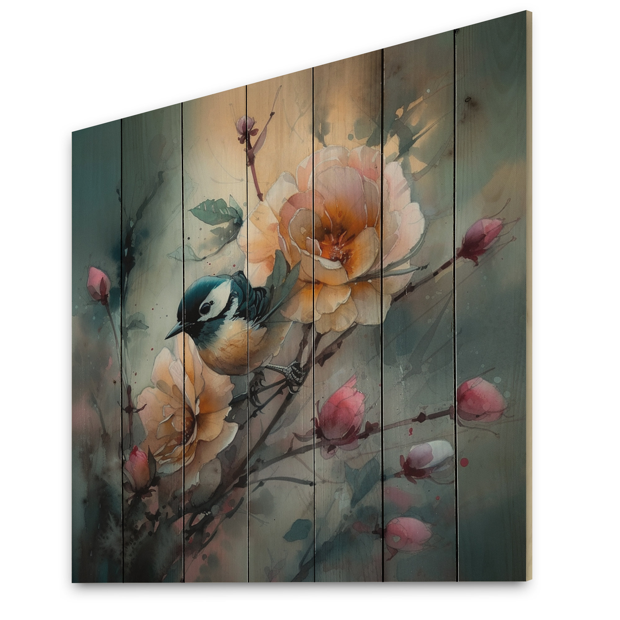 Red Barrel Studio Blue Little Bird On Rose Tree Banch I - Animals Bird ...