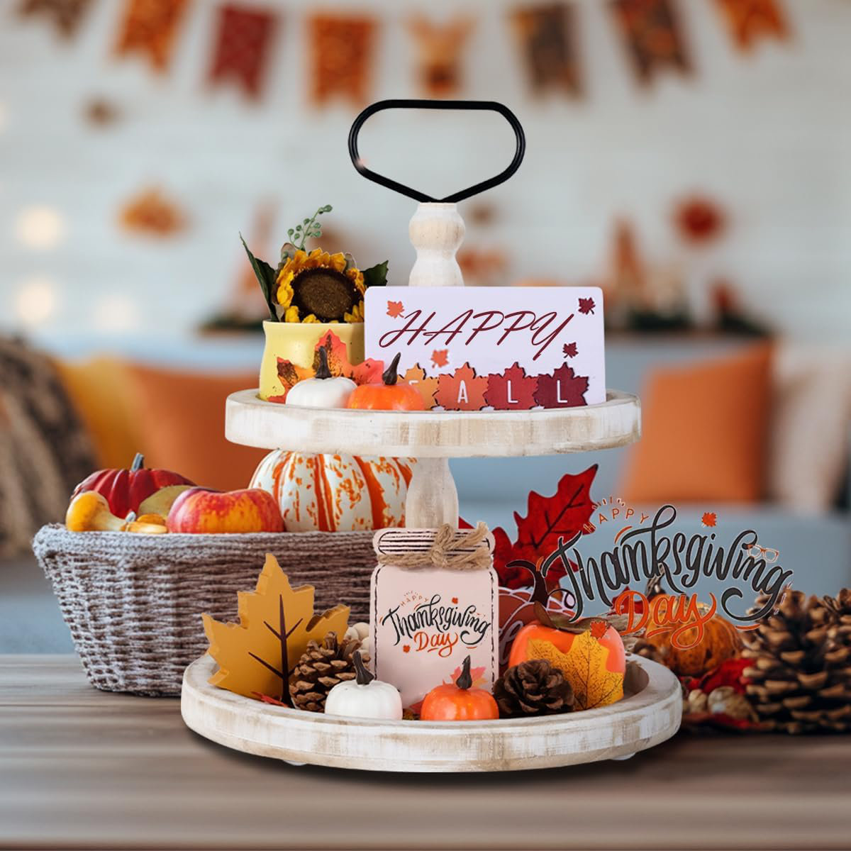 Ophelia & Co. Rustic Wooden 2 Tiered Tray Round Farmhouse Kitchen Table ...