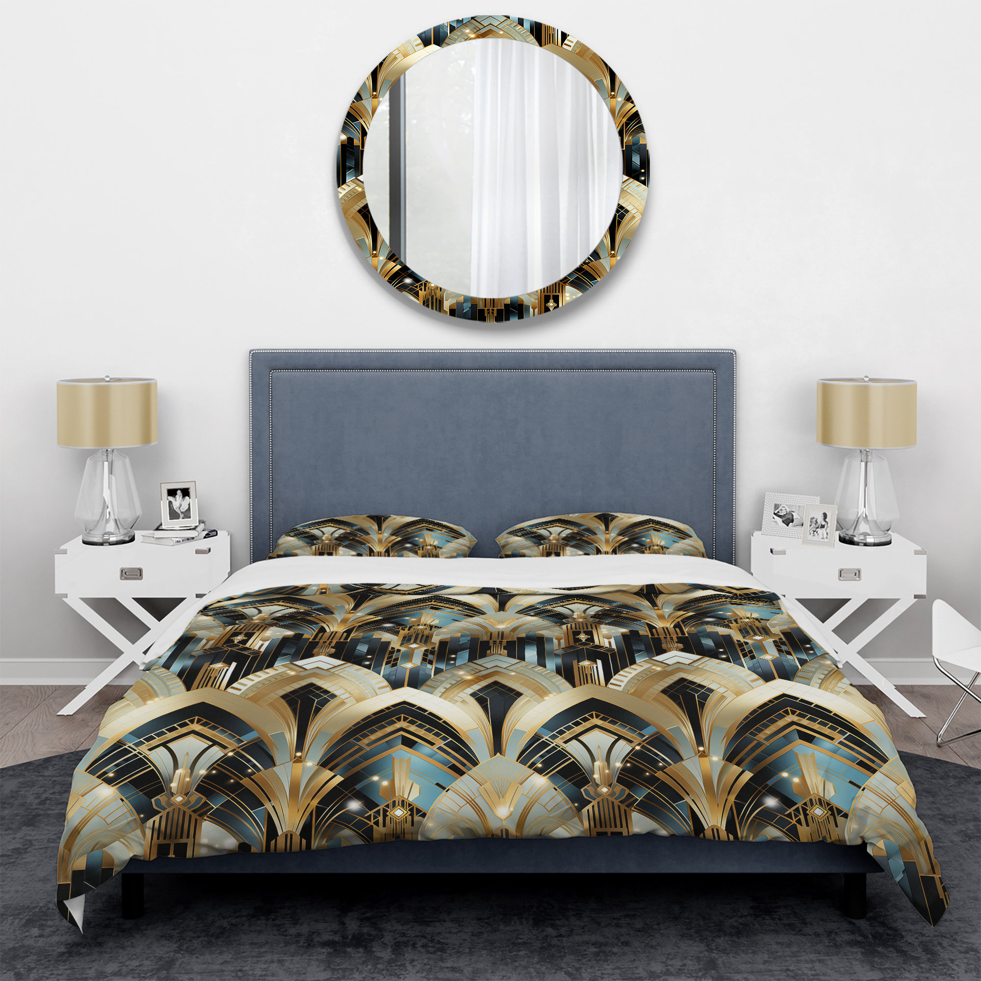 Design Art 1970S Blue And Gold Damask Art Deco Bedding | Wayfair