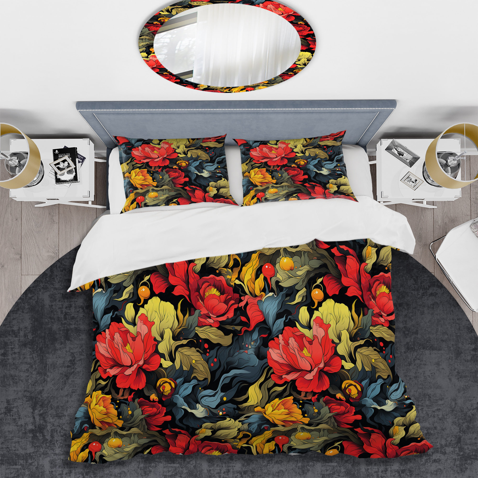 Design Art Rebel Soul Red Floral Pattern II - Floral Duvet Cover Set ...