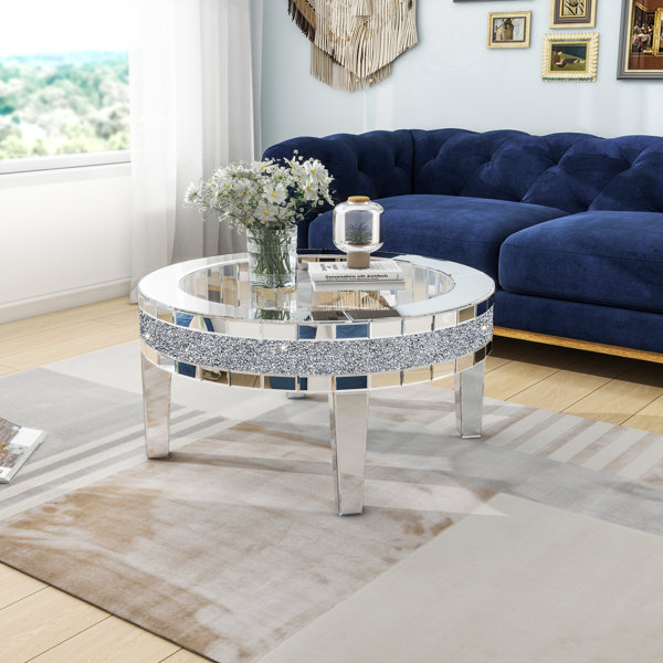 Mercer41 Meichele Glass Coffee Table 35" Wide Mirrored Diamonds Inlay ...