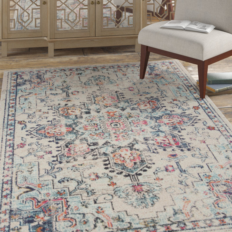 Langley Street Felty Performance Cream/Blue Rug & Reviews | Wayfair