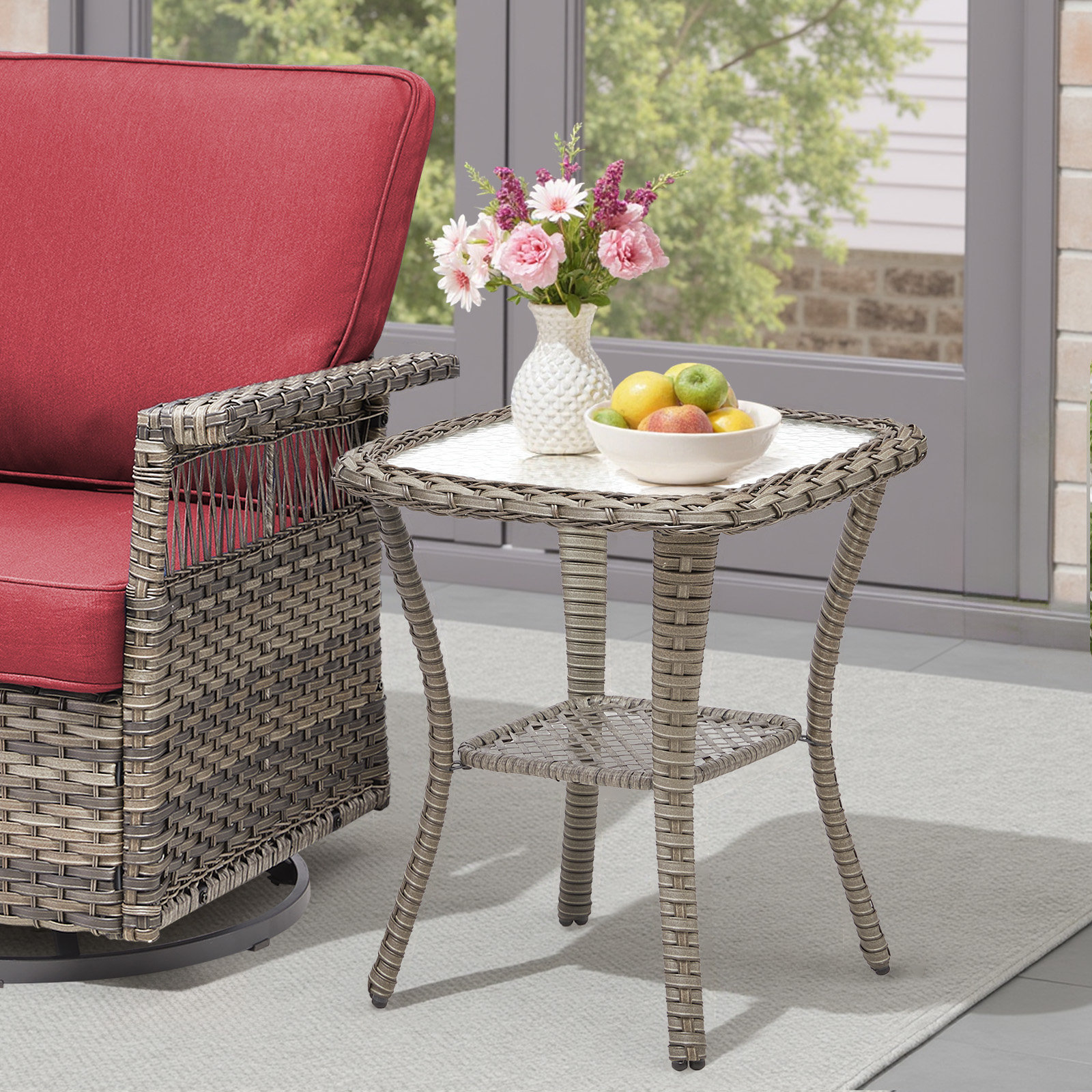 Dakota Fields Wicker Rattan Outdoor Side Table With Tempered Glass Top ...