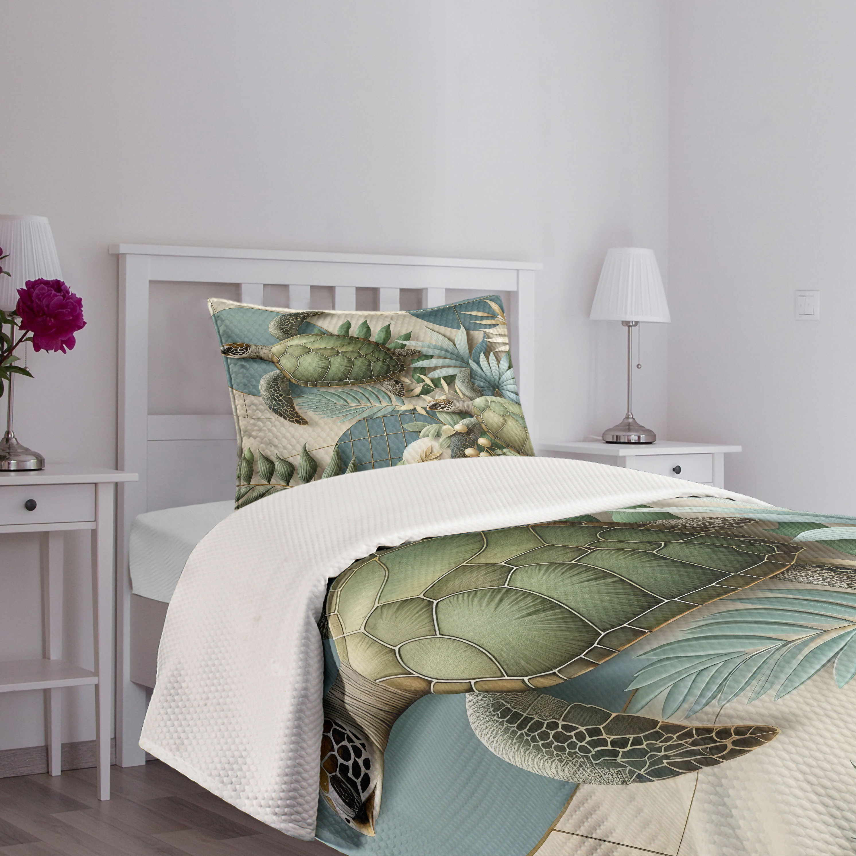 Ambesonne Turtle Bedspread Set Mid Century Modern Marine Peacock Green ...