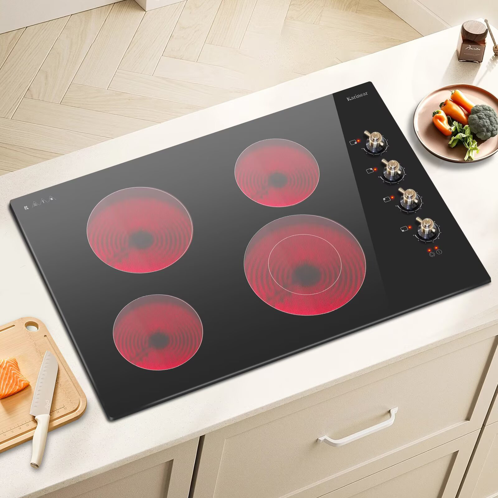 Karinear Electric Cooktop 4 Burners Electric Stove Top 30 Inch 6700W,220~240V Built-in Knob ...