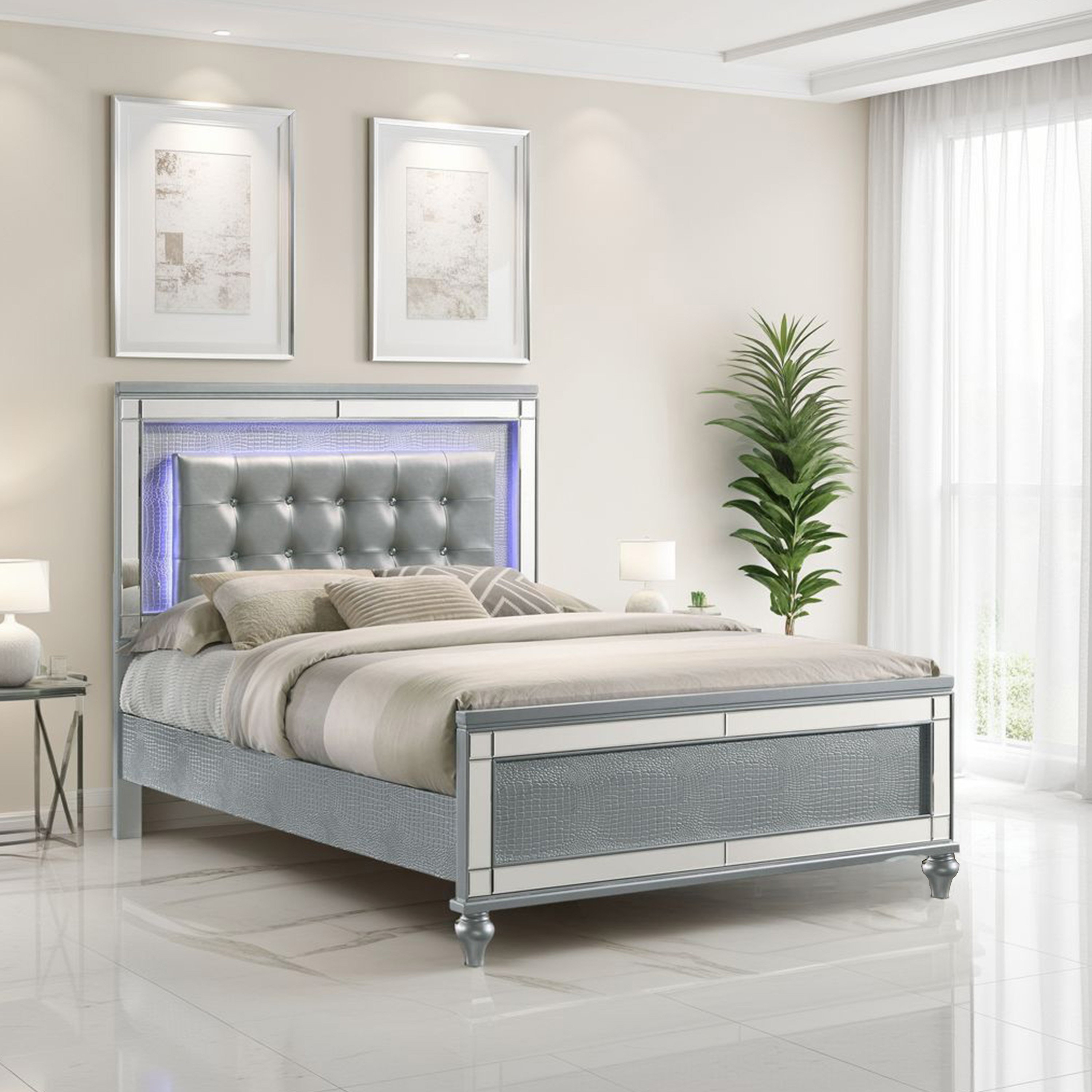 Benjara Lee Bed, LED, Tufted Faux Leather Upholstery, Textured ...