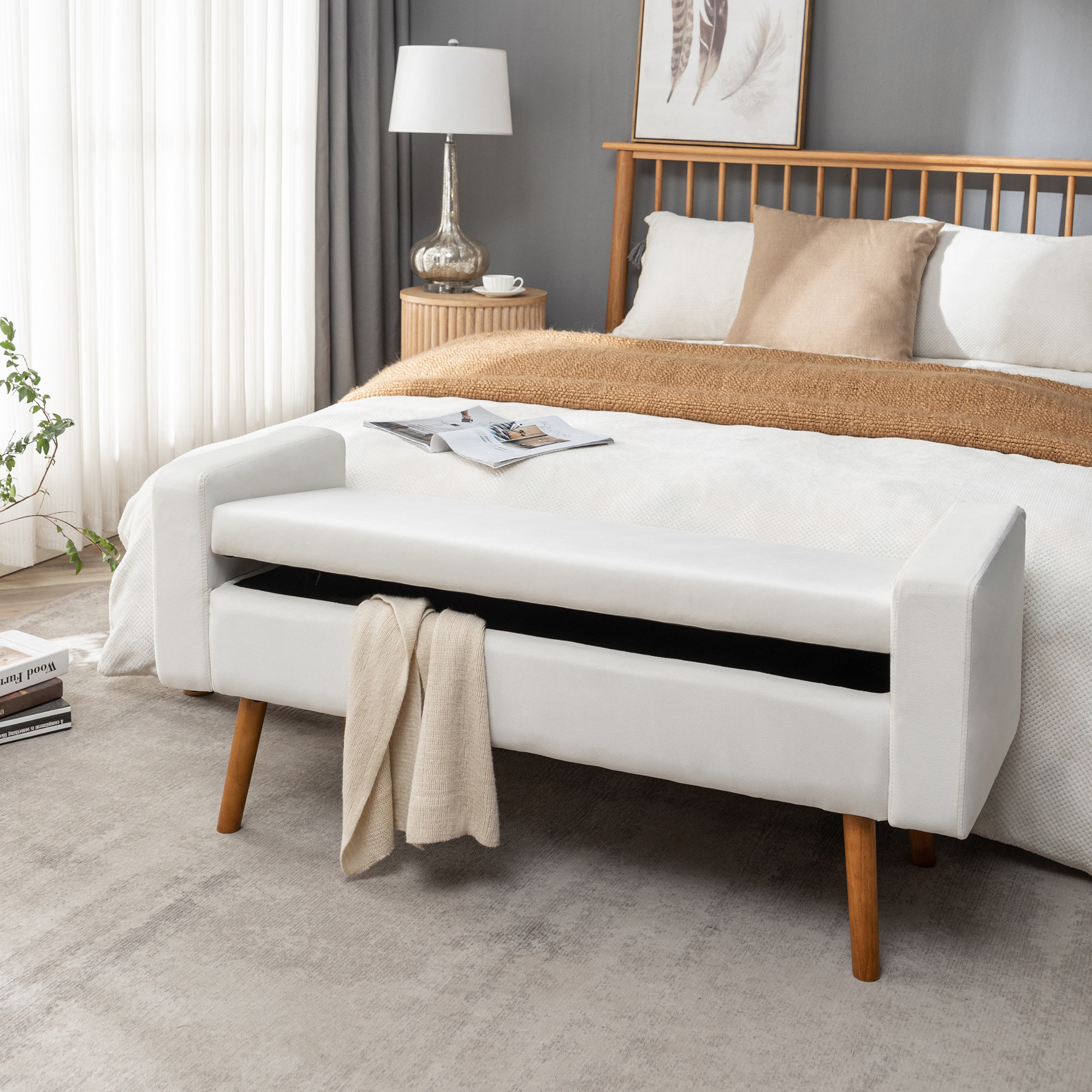 Willa Arlo™ Interiors Vendrina Velvet Storage Bench with Rubberwood ...