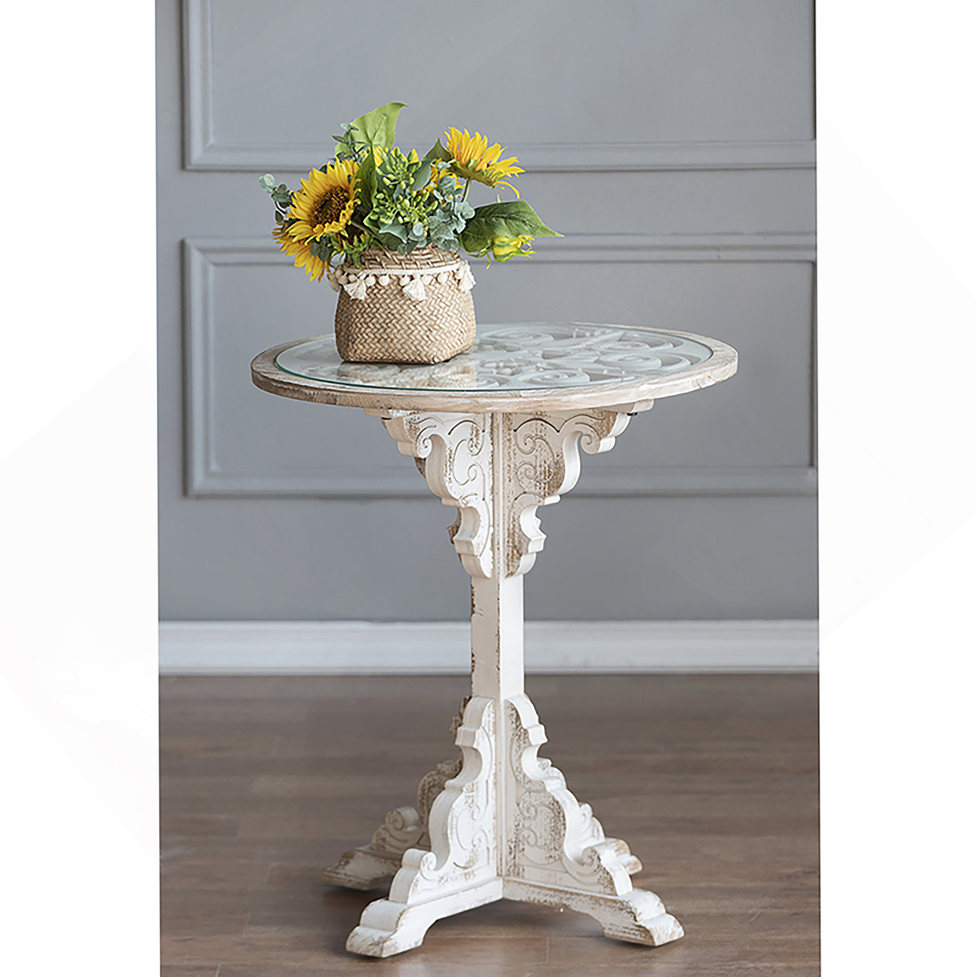 Ophelia & Co. Round Wooden Carved Table, Distressed White Finish Design ...