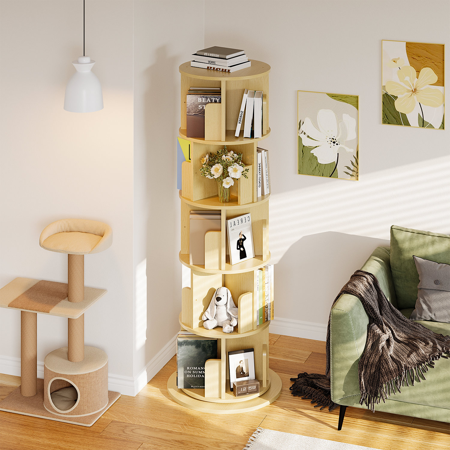 Ebern Designs 360° Rotating Bookshelf, 5 Tiers Corner Shelf, Rotating ...