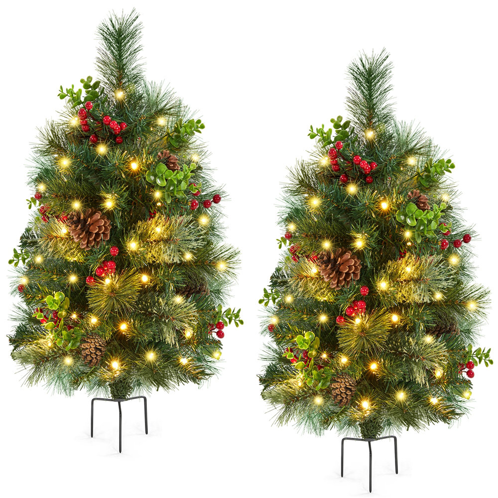 Yaheetech Pre-lit Outdoor Pathway Christmas Trees with Red Berries ...