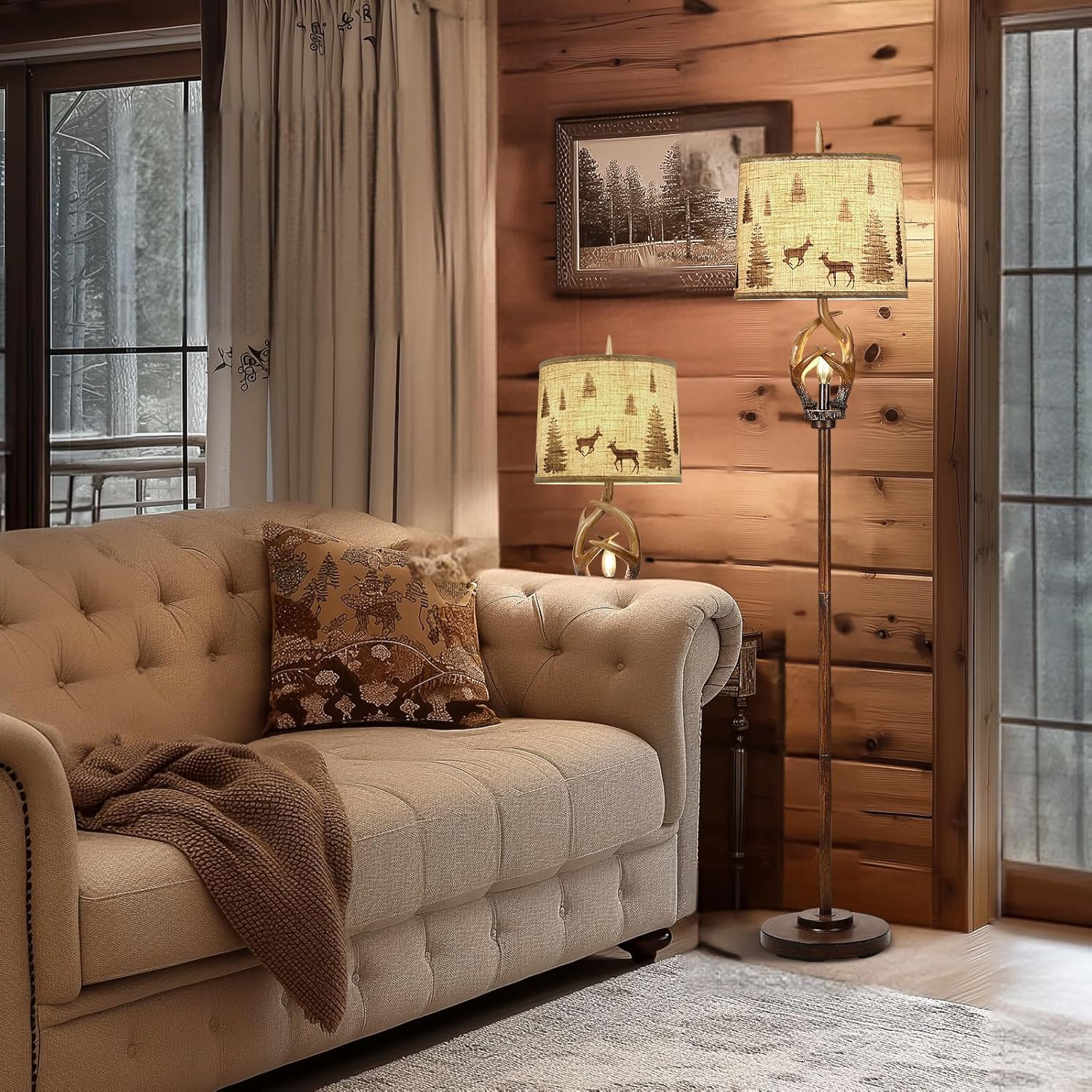 Loon Peak Rustic Farmhouse Antlers Floor Lamp with Nightlight Brown ...