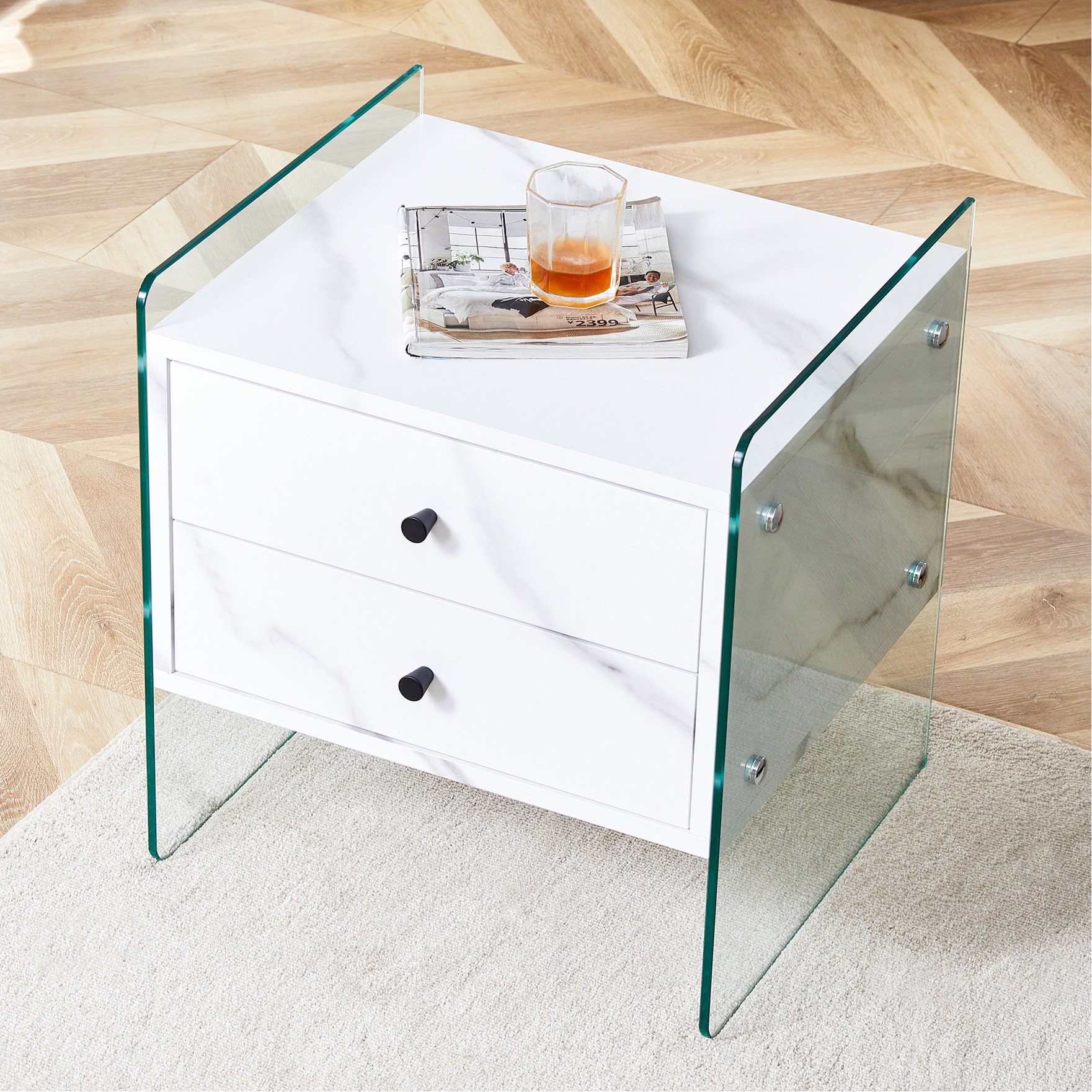 Wrought Studio™ White Double Bedside Storage Table With & Tempered ...