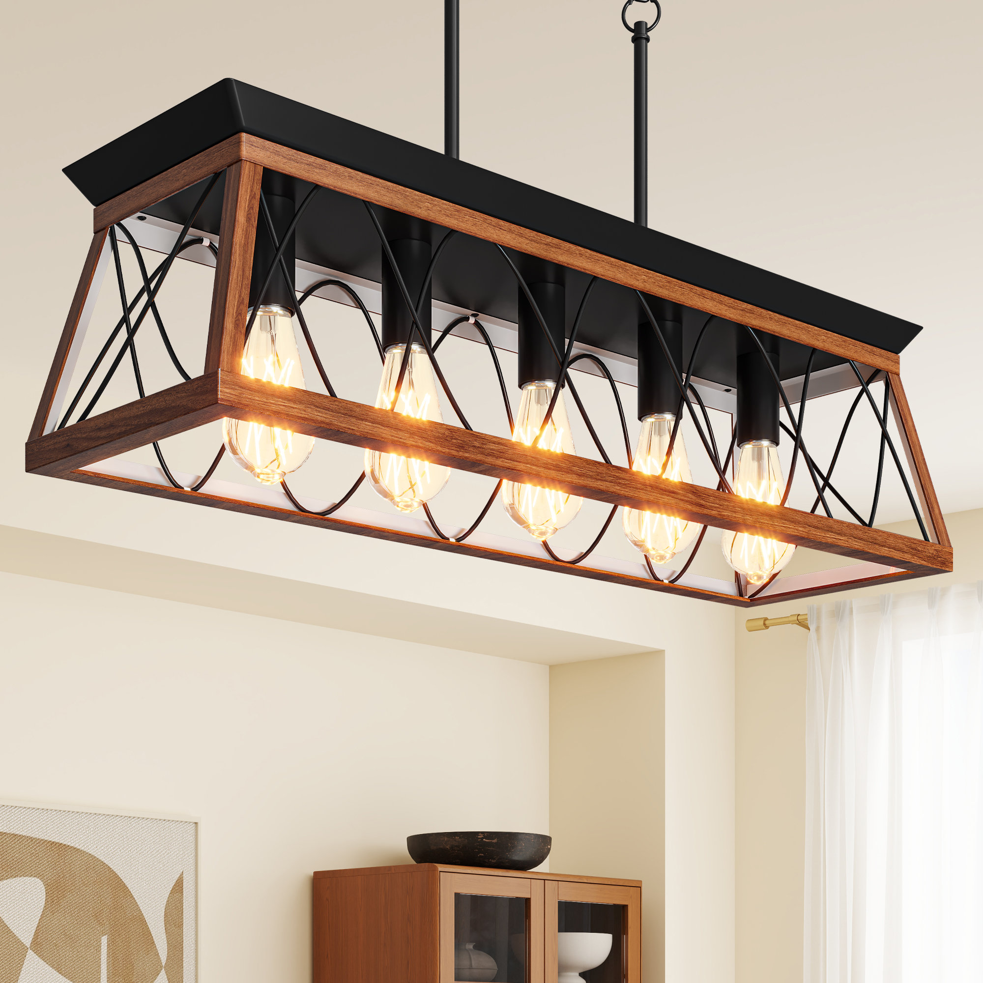 Gracie Oaks 5-Light Industrial Farmhouse Island Light, With Wood Finish ...