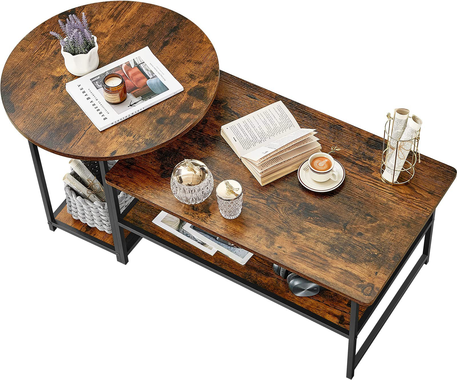 17 Stories Detachable Rustic Brown Coffee Table Set, 2-In-1 Design ...