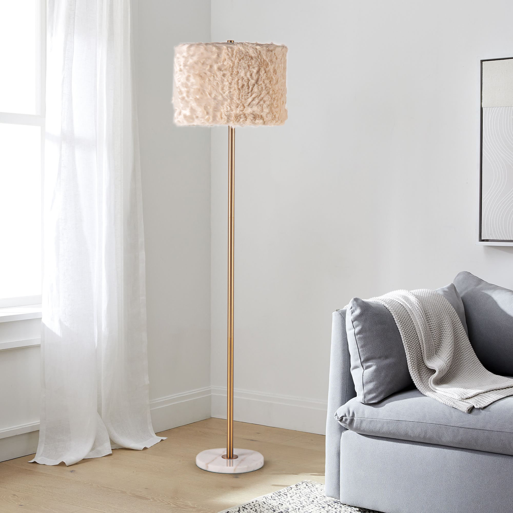 Mercer41 Maysun 61"H Marble Floor Lamp w/ Faux Fur Shade w/ LED Bulb ...