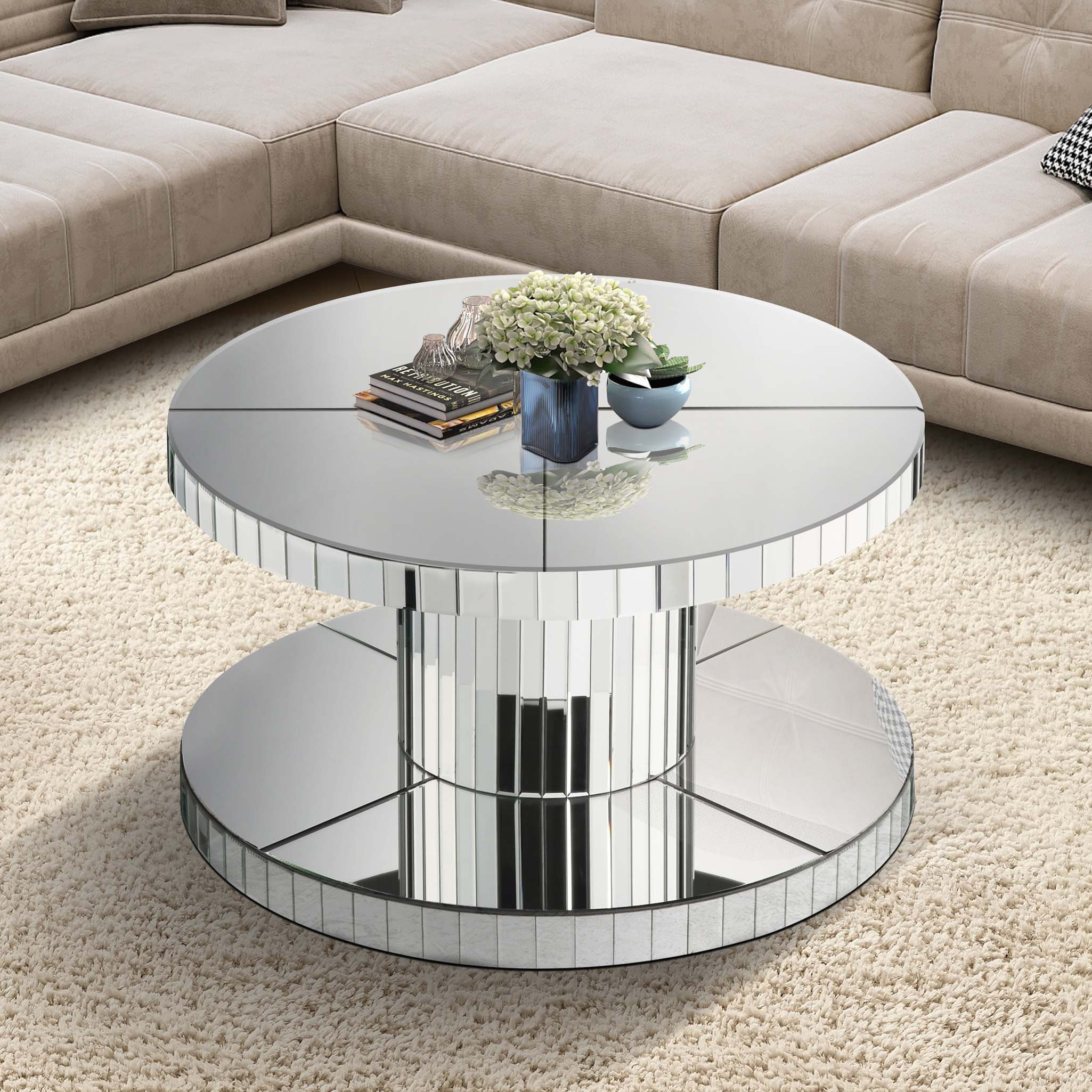 Everly Quinn Double-Tier Luxury Round Mirror Coffee & End Table with ...