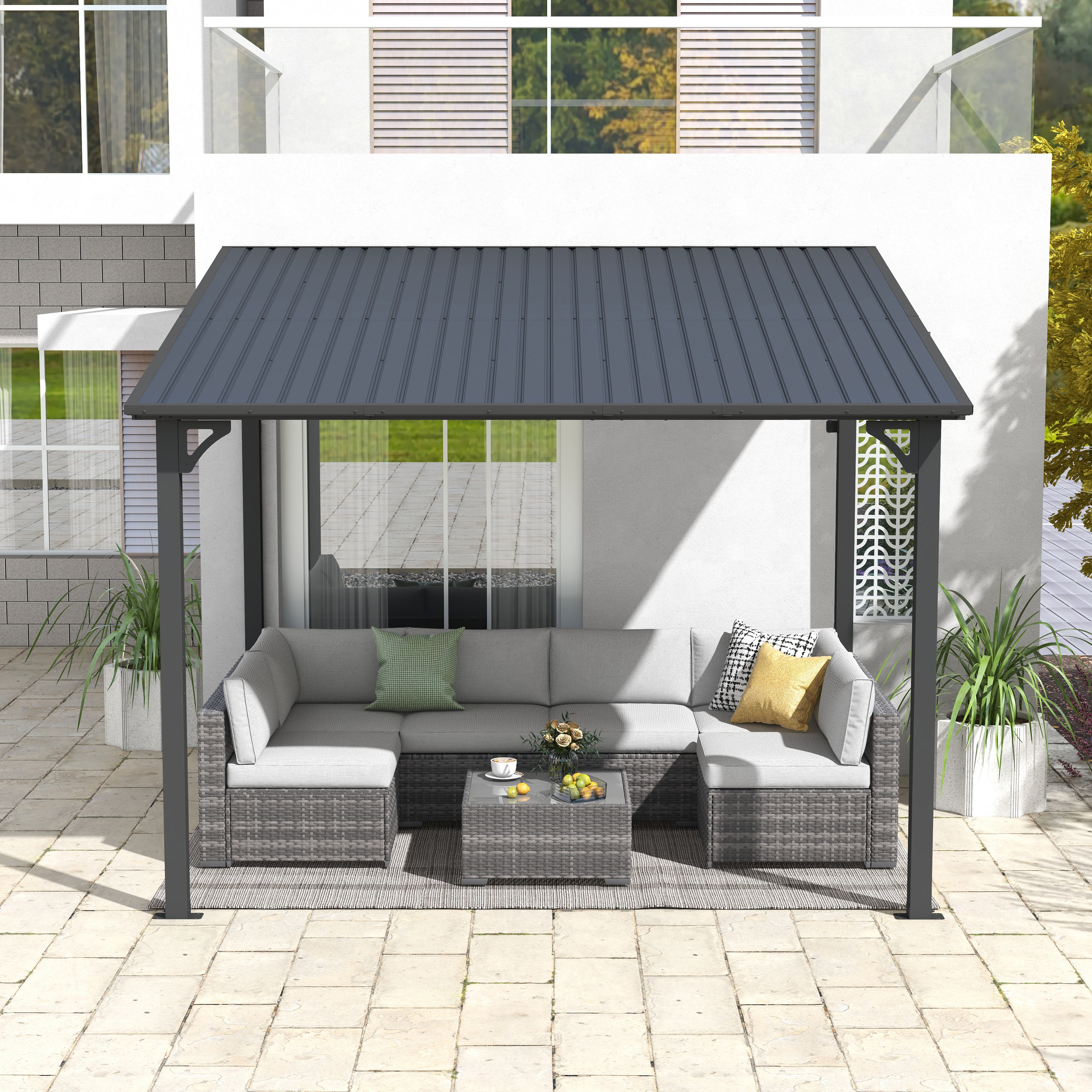 OC Orange-Casual Galvanized Steel Patio Pergola Wall-Mounted With ...