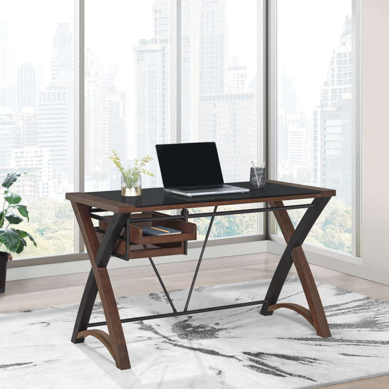 Gracie Oaks 48" Glass-Top Desk with Sliding Storage Tray | Wayfair
