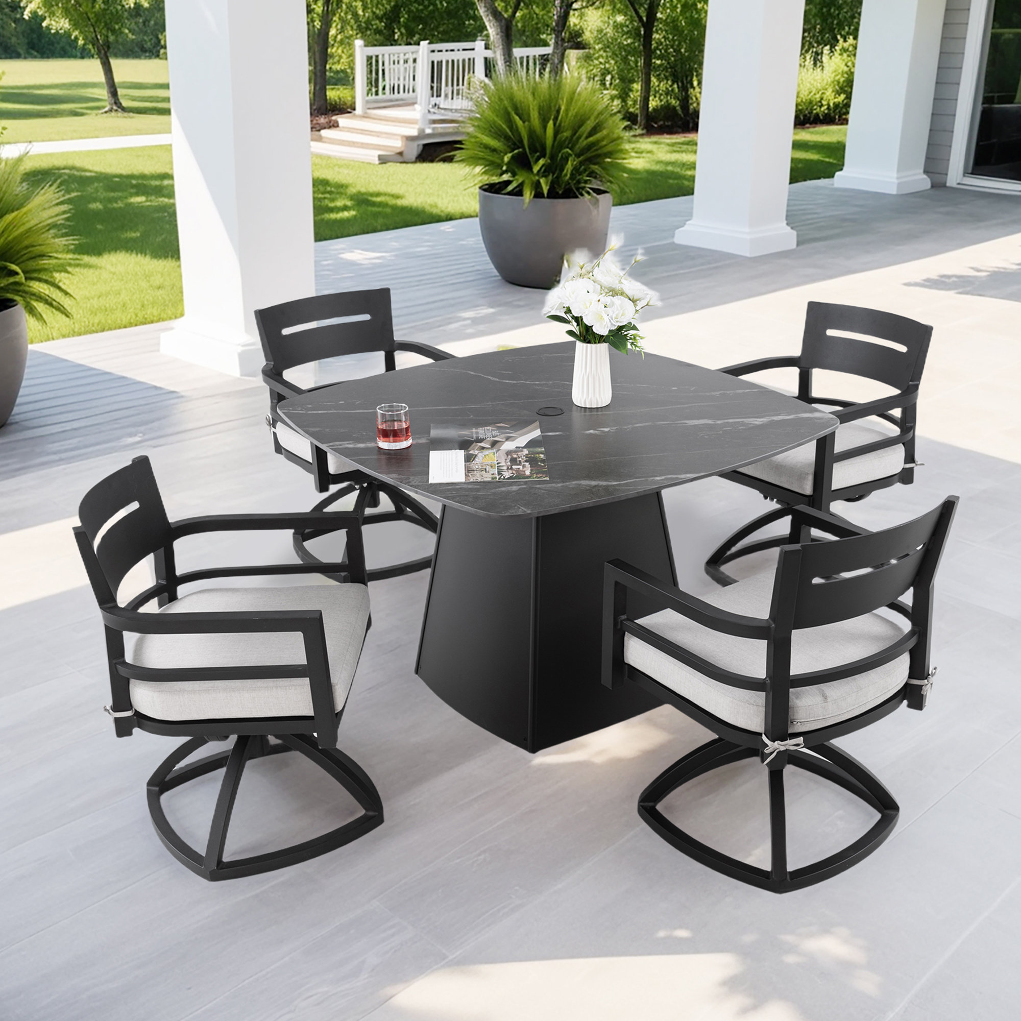 Hokku Designs 5-Piece Outdoor Pedestal Dining Table and Chair Set, 44 ...