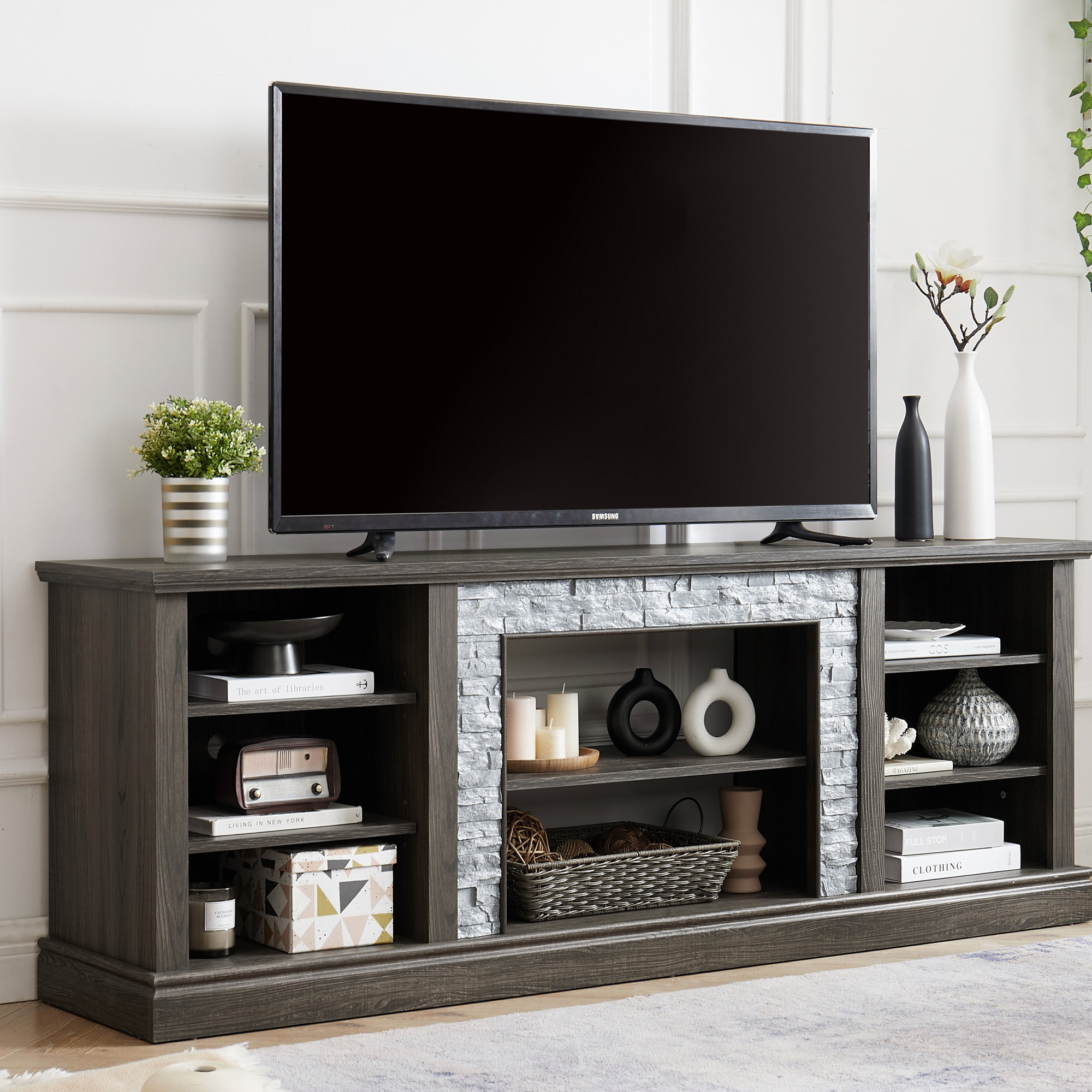 Ophelia & Co. Large TV Desk Storage Rack With Faux Stacked Stone ...