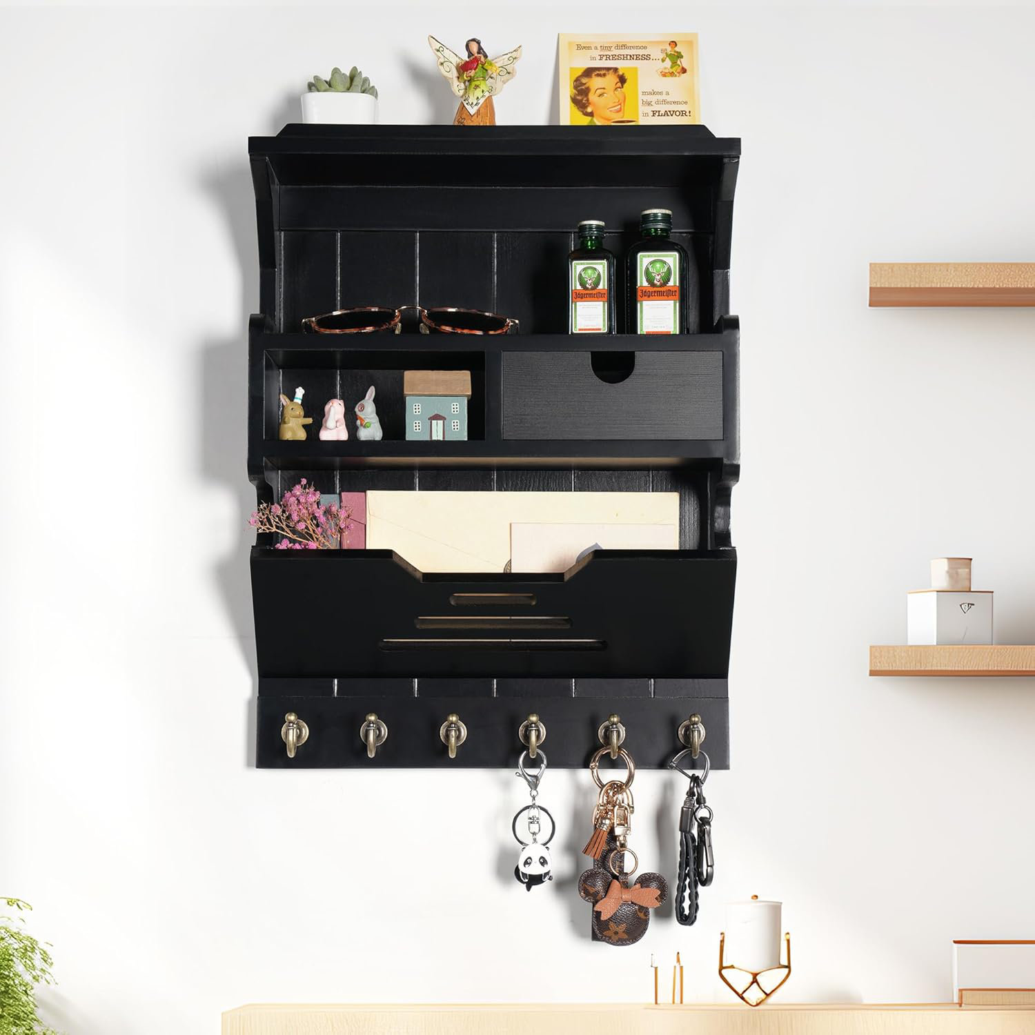 Winston Porter Wall Mail Organizer With Storage Drawers And 6 Hooks ...