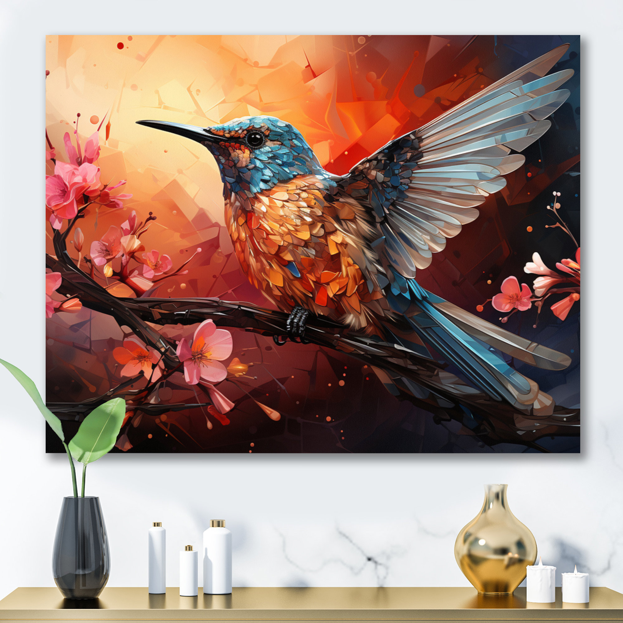 Red Barrel Studio Teal Orange Hummingbird Enchanting Hum Geometric I ...