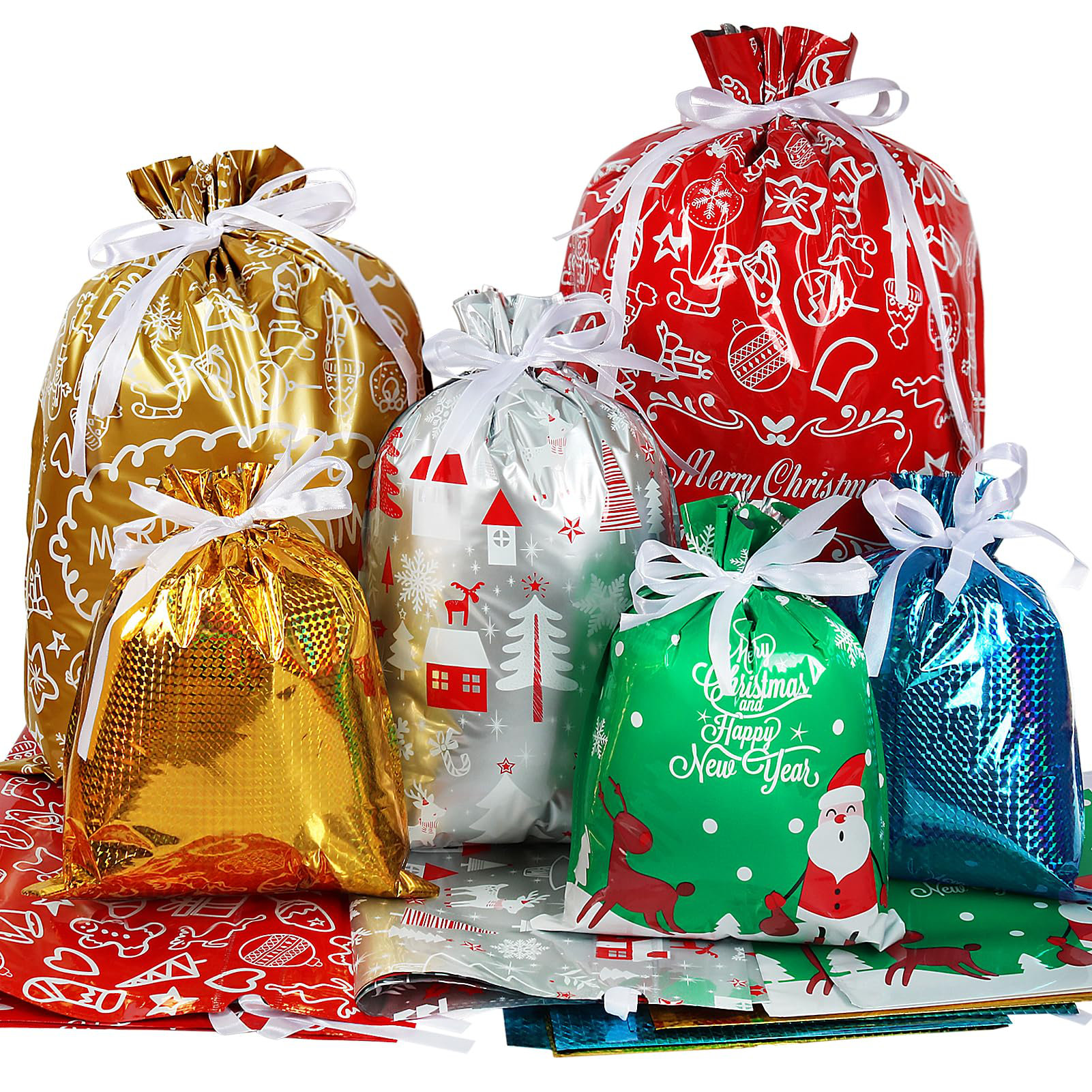 COEN 30-Piece Assorted Foil Drawstring Christmas Gift Bags – Holiday ...