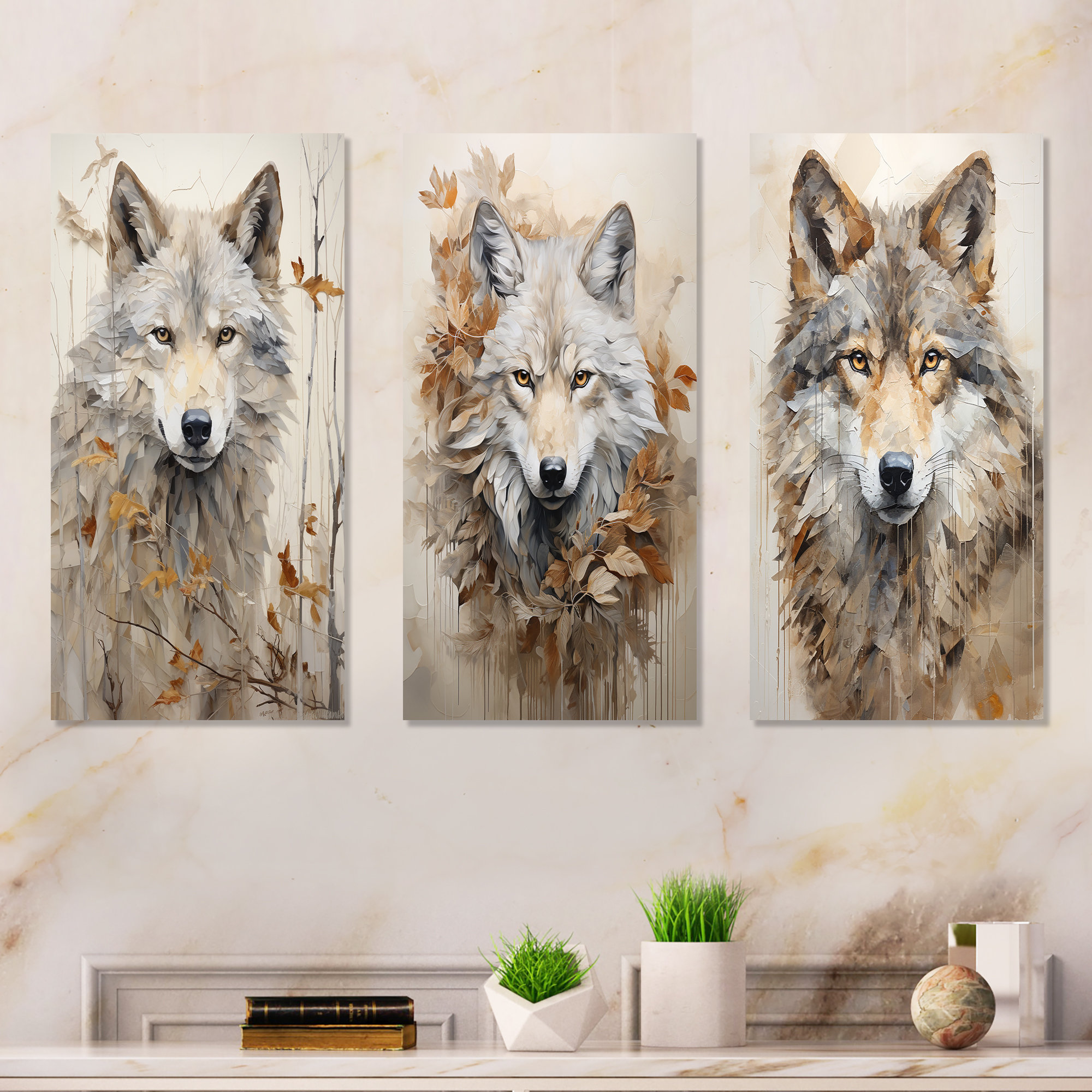 Loon Peak® Minimalism Beige Wolf Expression - Wolf Canvas Wall Art Set ...