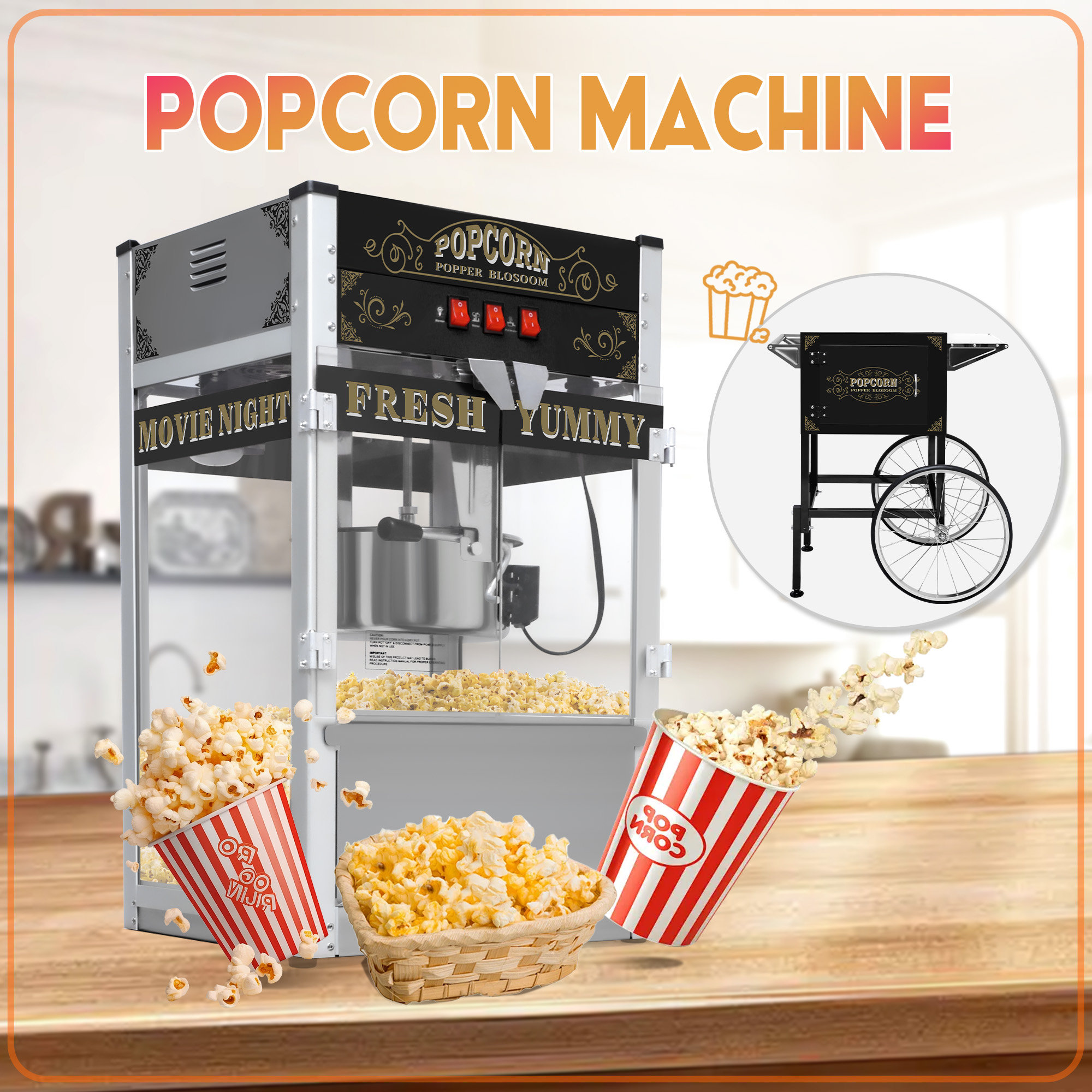 Yoillione 20-Ounce Commercial Popcorn Machine Cart with Wheels, Vintage ...