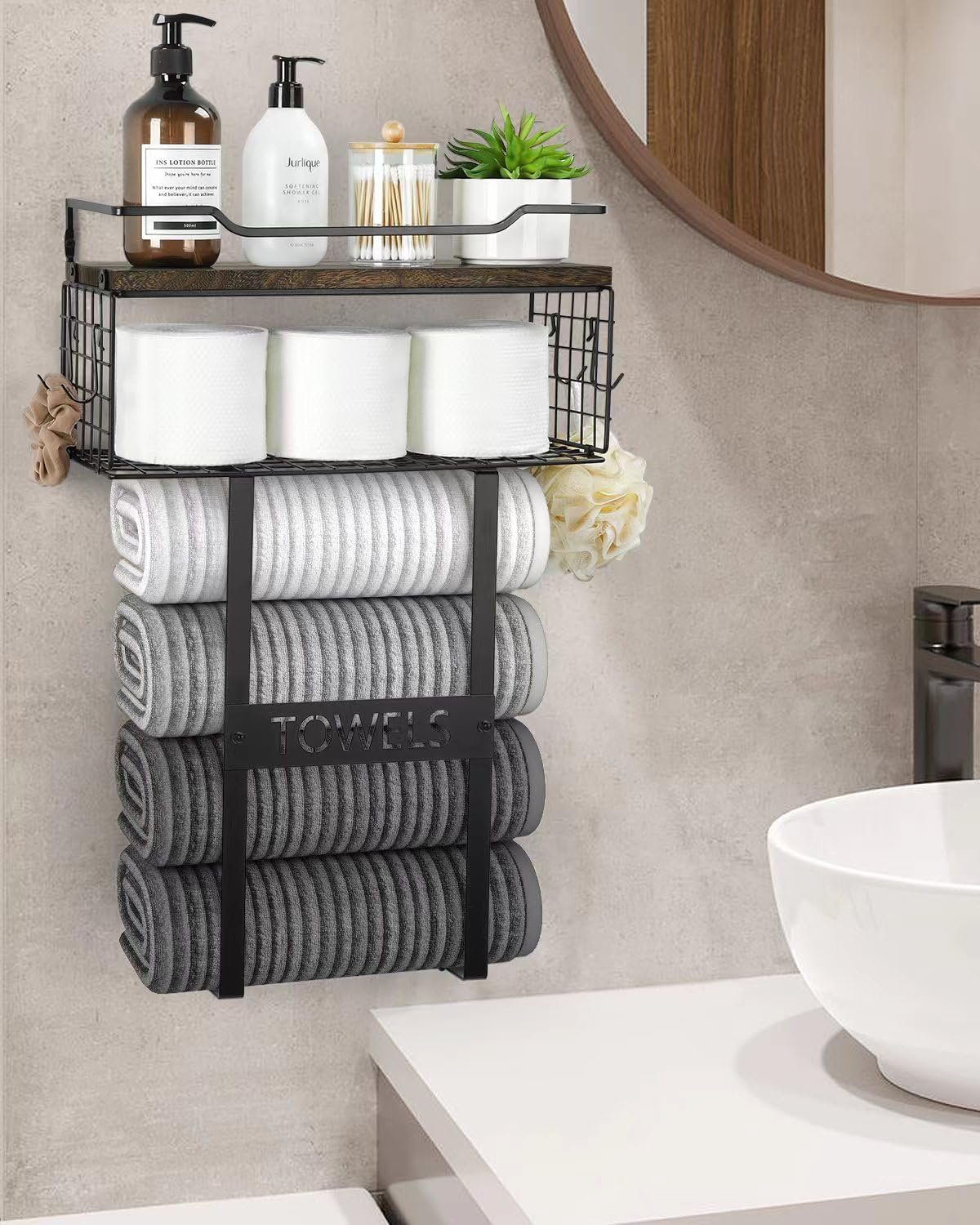 JJbaok Wall Mounted Towel Rack With Shelf - Rustic Wood And Metal ...