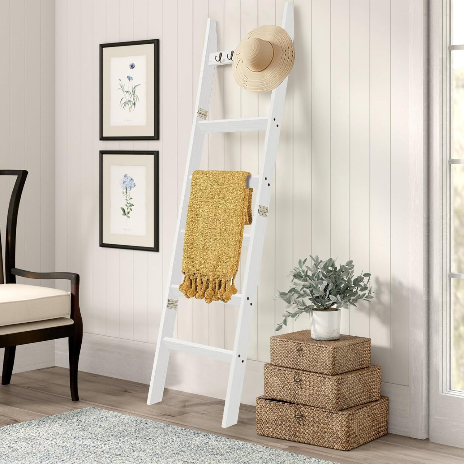 Latitude Run® 6-Tier Blanket Ladder With Hooks, Rustic Decor Farmhouse ...
