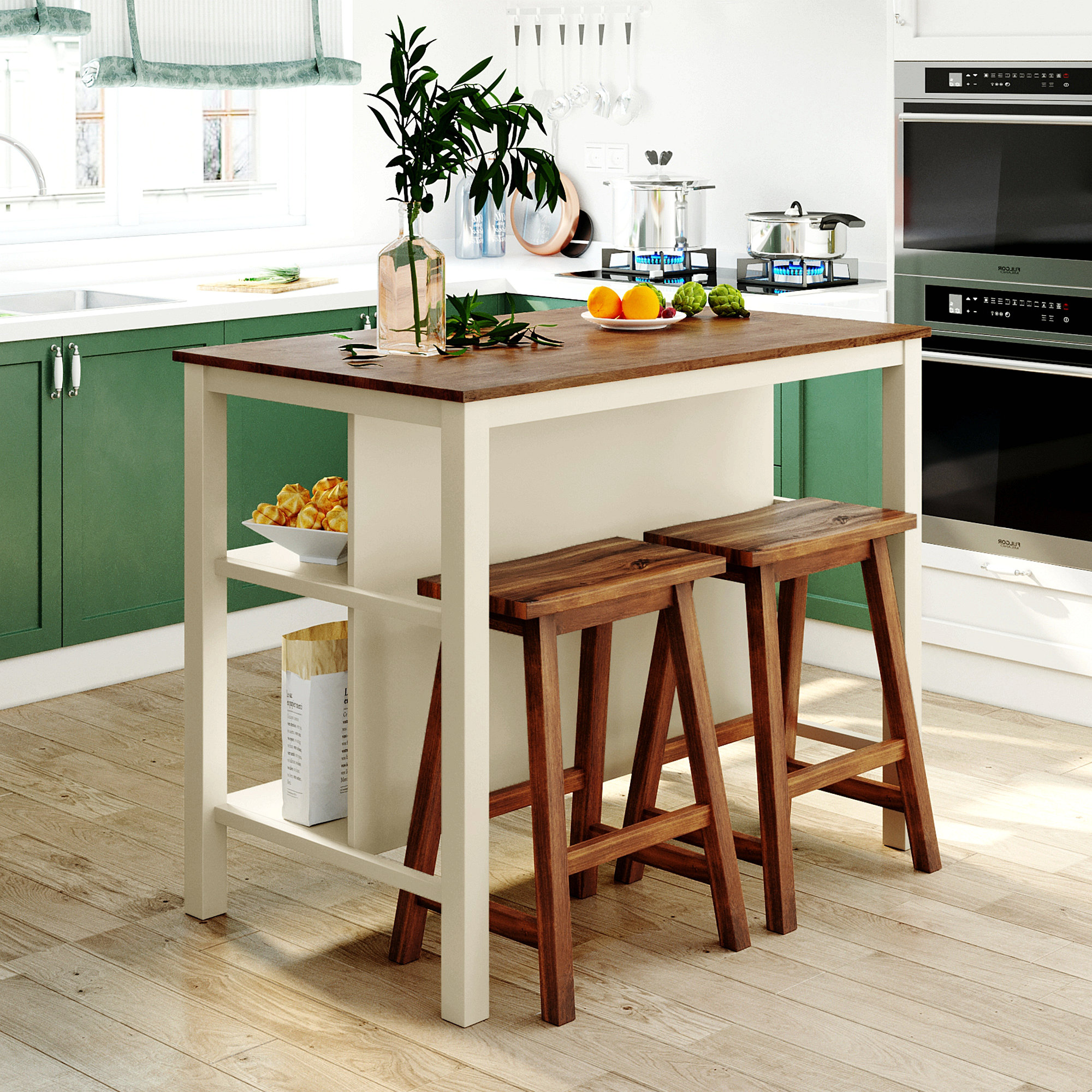 17 Stories Rustic 3-Piece 45" Stationary Kitchen Island Set With 2 ...