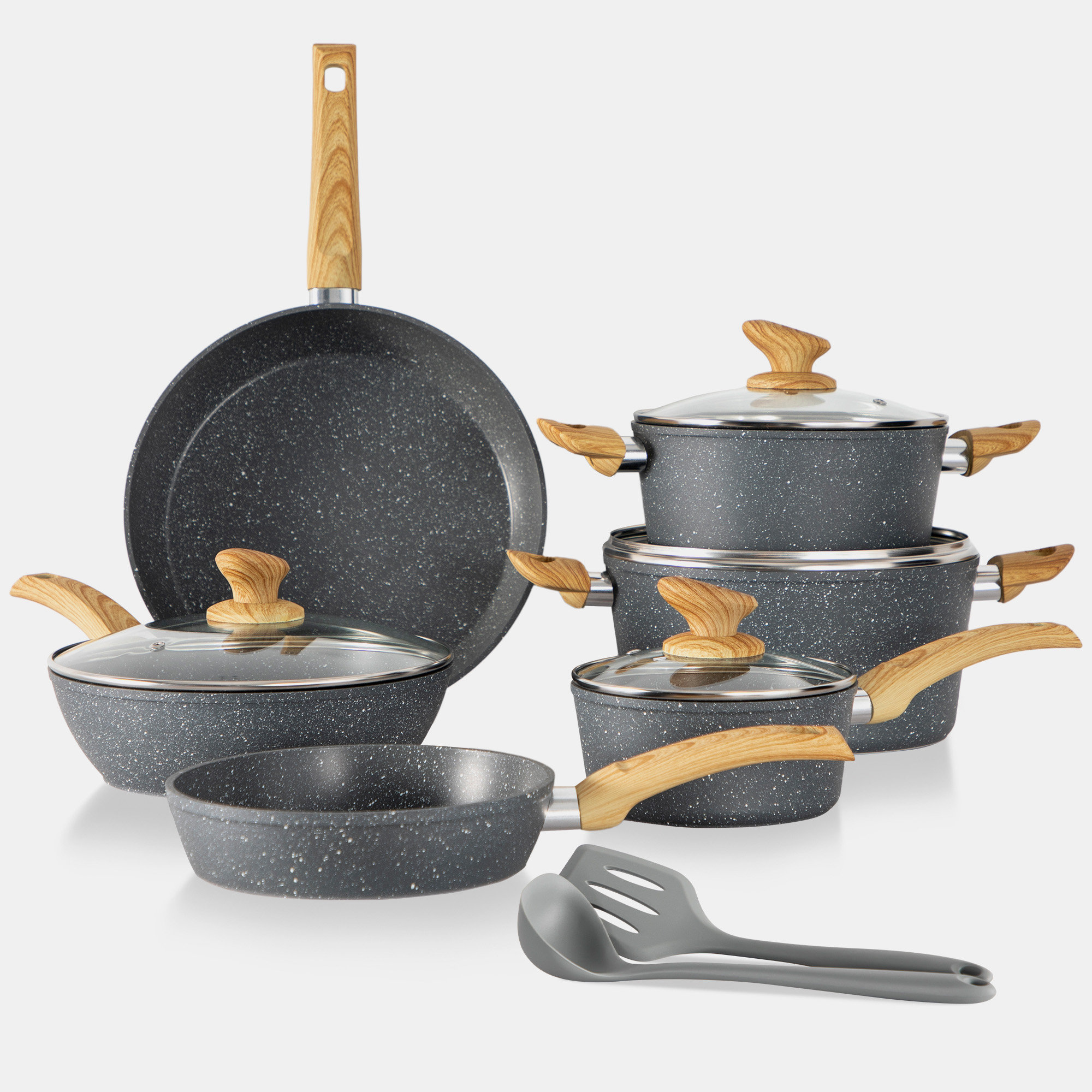 Alphamarts 12 Piece Granite Black Nonstick kitchen Cookware Induction ...