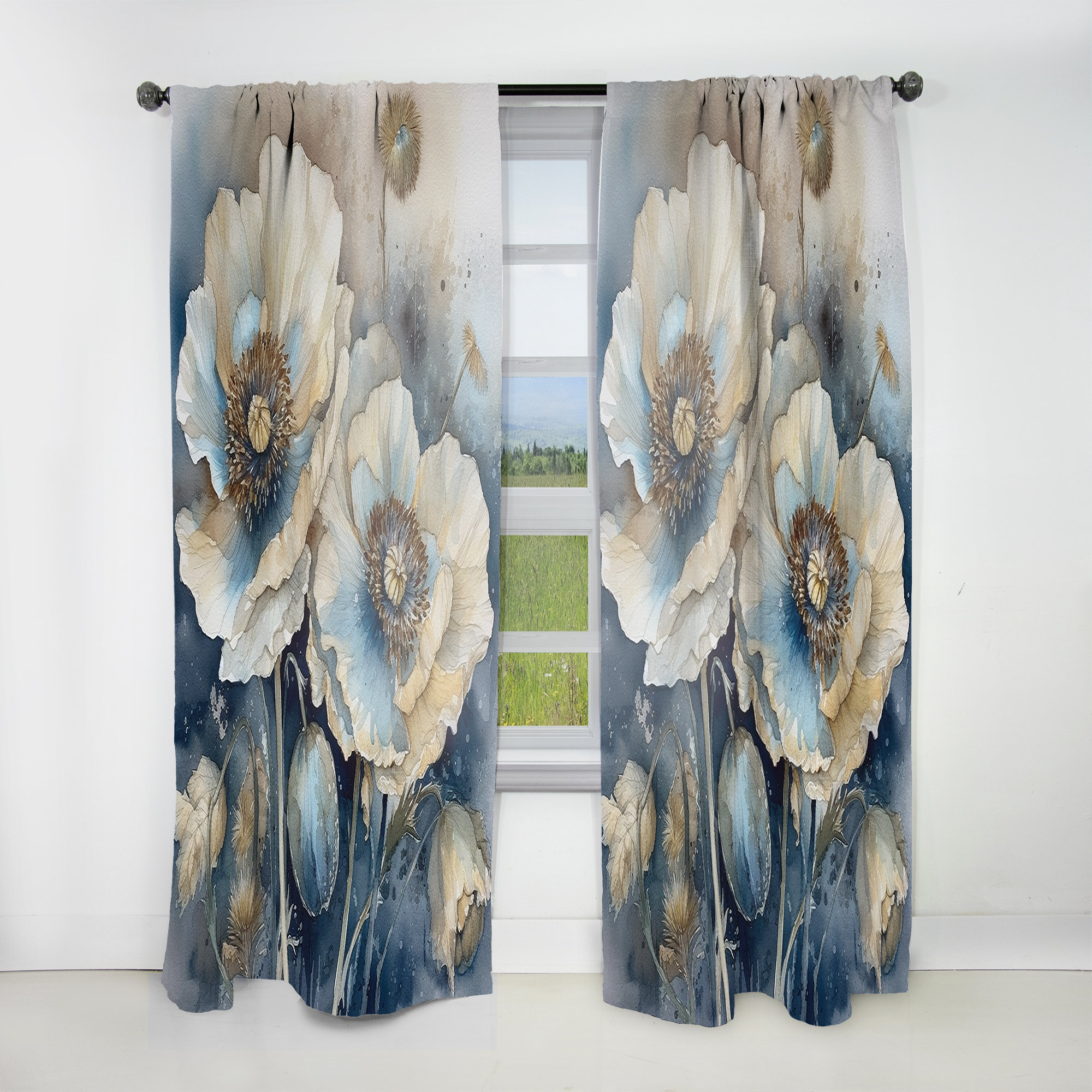 East Urban Home Mays Blue Poppy Serenity I - Traditional Velvet Curtain ...