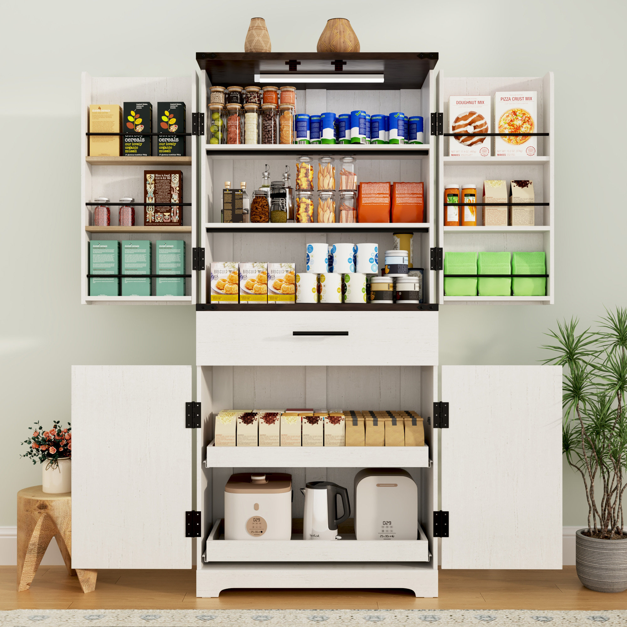 Wrought Studio™ 71" Tall Fluted Kitchen Pantry Cabinet With Sensor ...