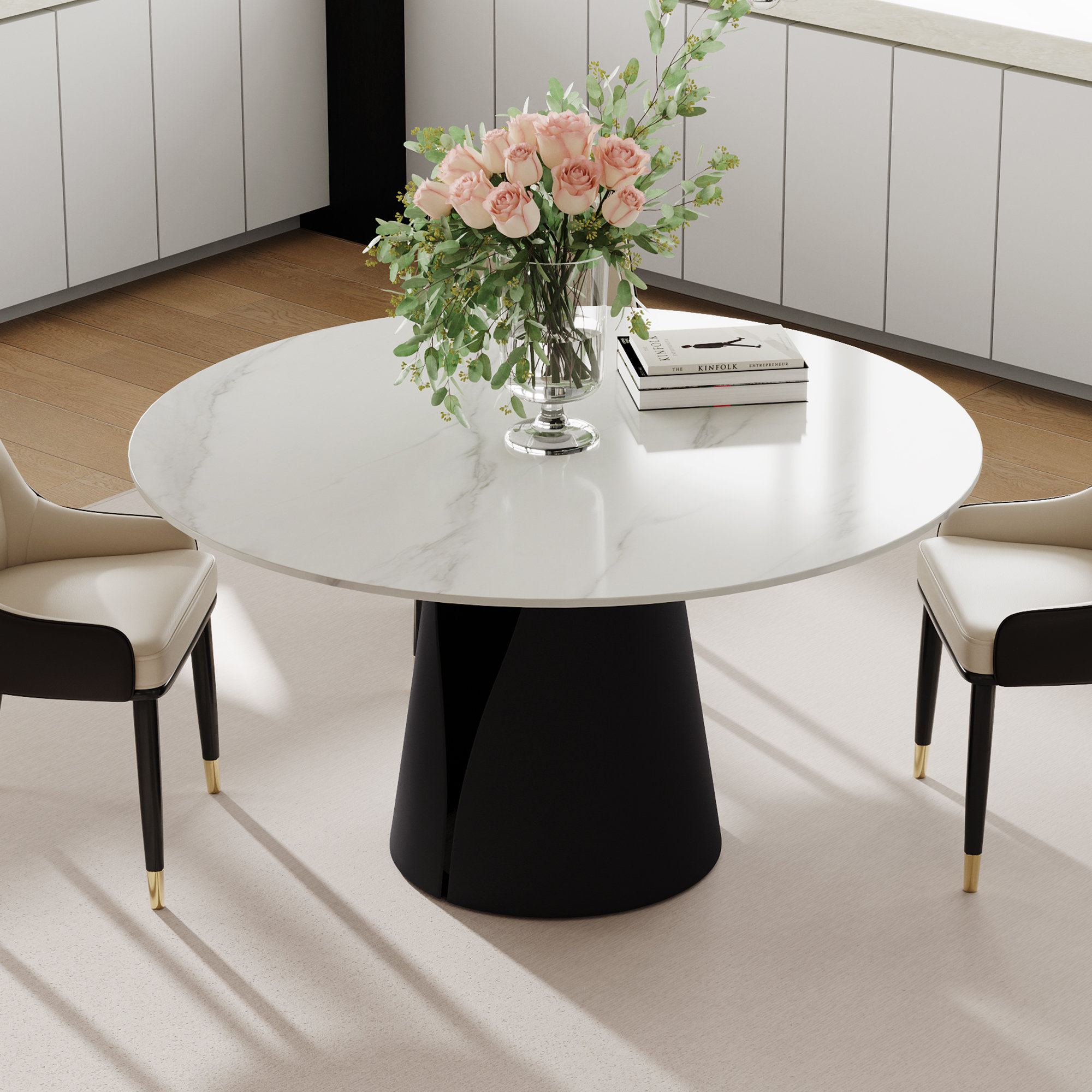 Everly Quinn Teferi Modern Round Dining Table, Sintered Stone Tabletop ...