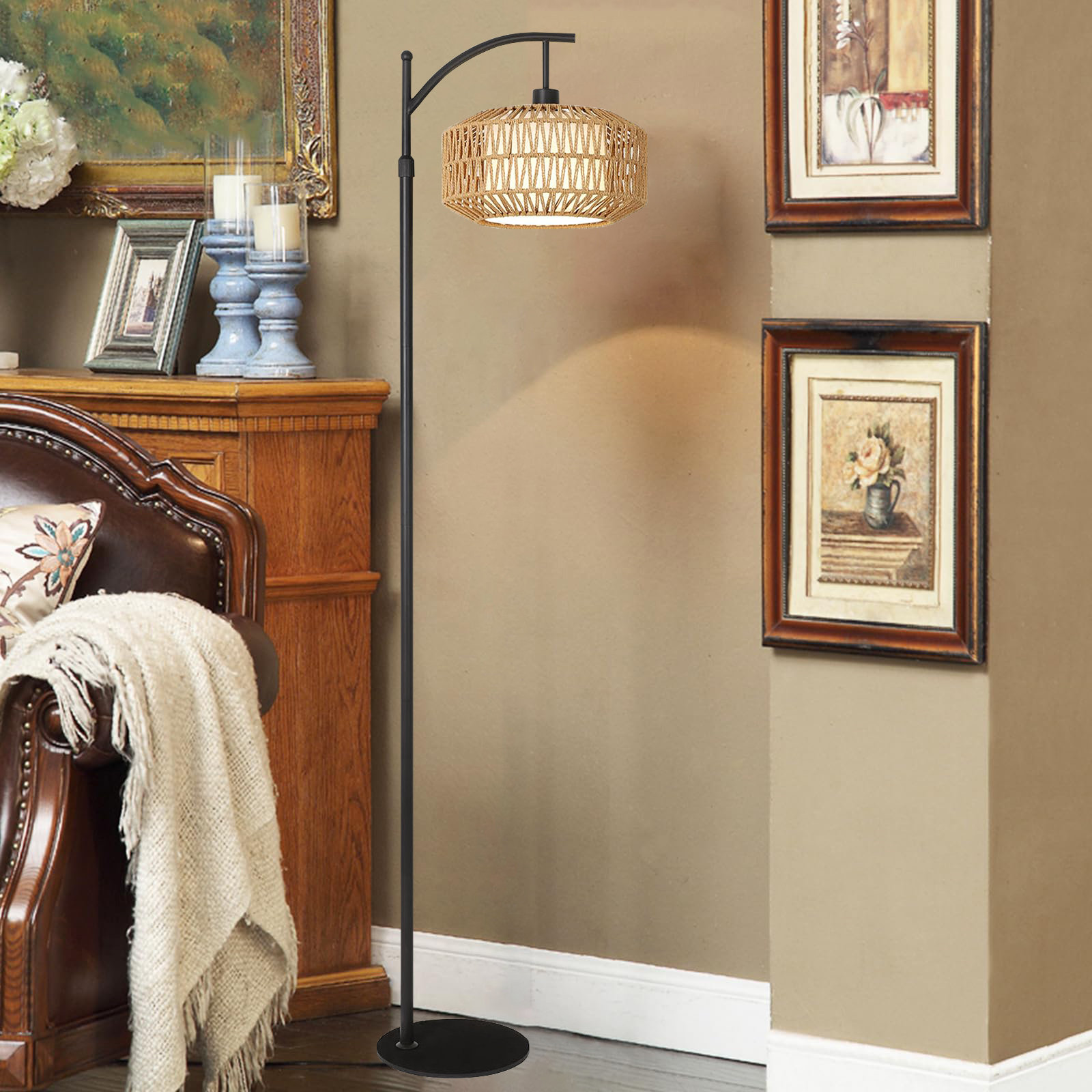 Bay Isle Home™ Boho Rattan Arc Floor Lamp With Remote - Adjustable ...
