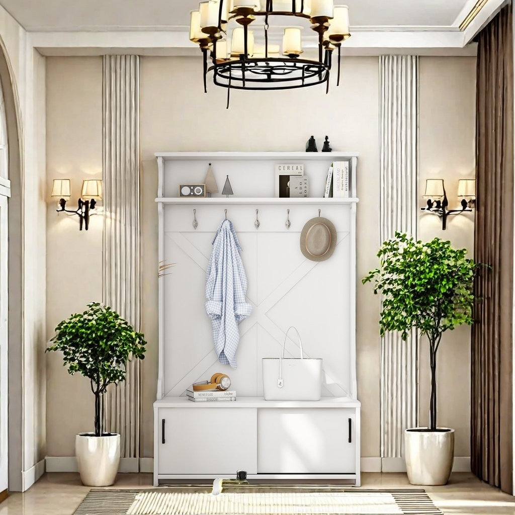 Gracie Oaks Modern Hall Tree With Sliding Doors, Storage Bench, And ...