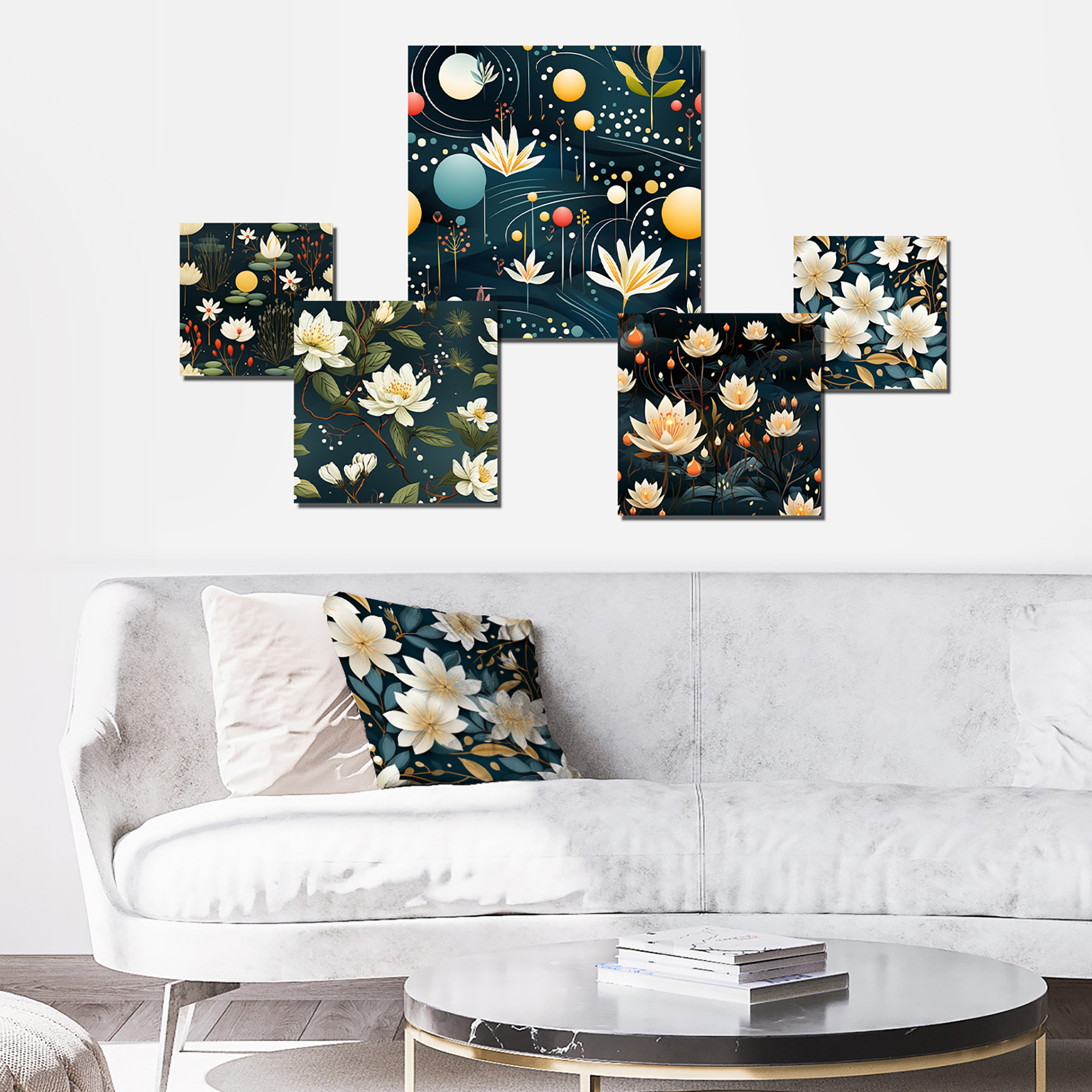 Design Art White Zen Floral Lotus Harmony - Floral Wall Art Set Of 5 ...