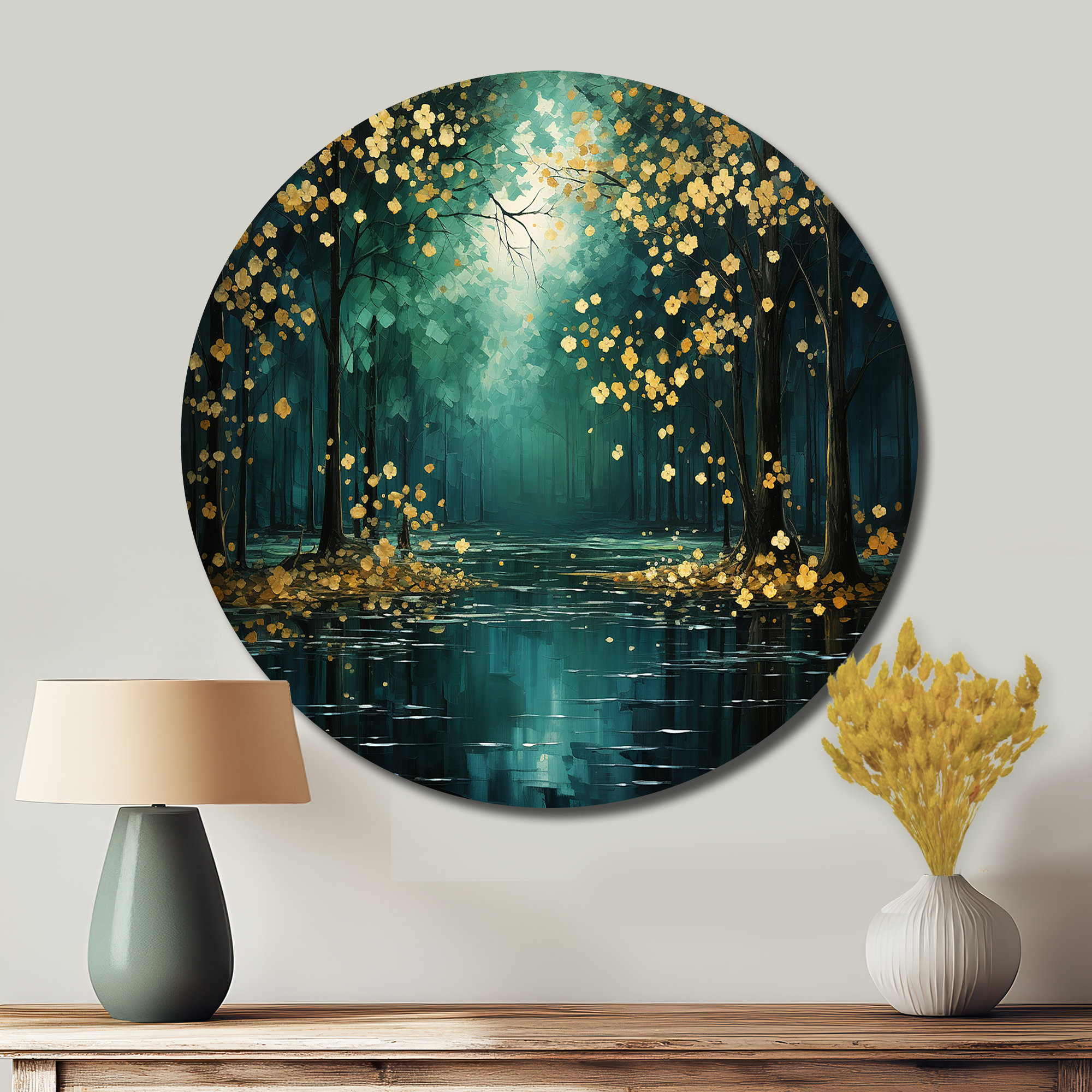 Design Art Bold Forest Emerald Canopy III - Landscapes Round Metal Art ...