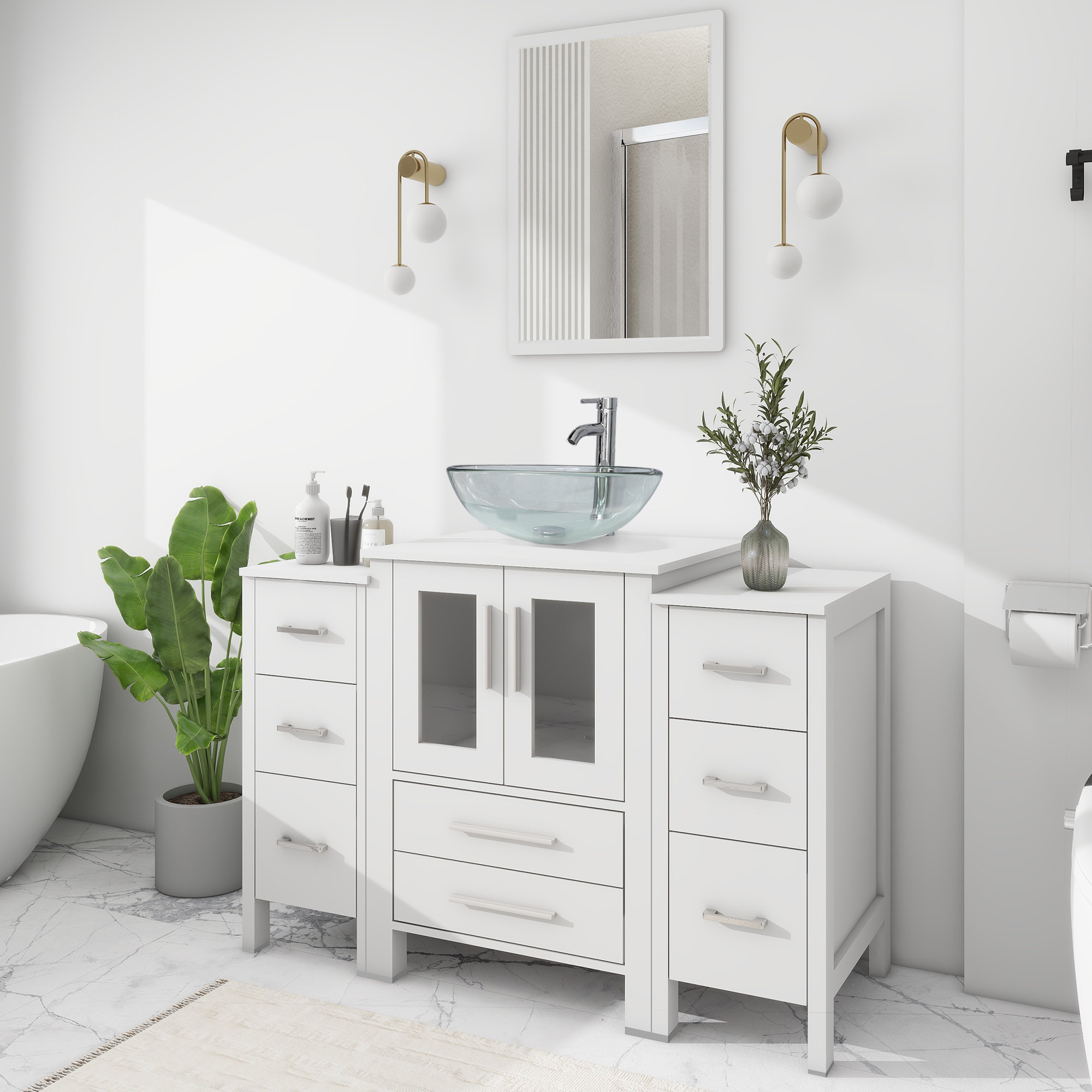 ECLIFE 48” Bathroom Vanity Sink Combo with Glass Sink, Wood Top, 2 Side Cabinets, Water Saving ...