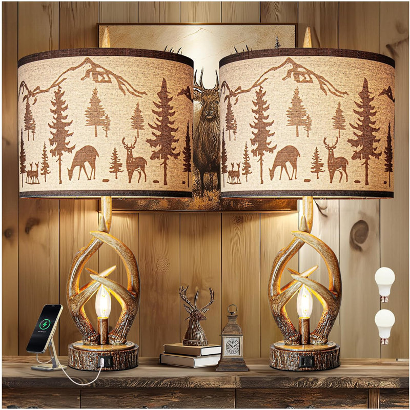 Loon Peak® Antlers Style Table Lamp Set Of 2 Rustic Bedside Lamp With ...